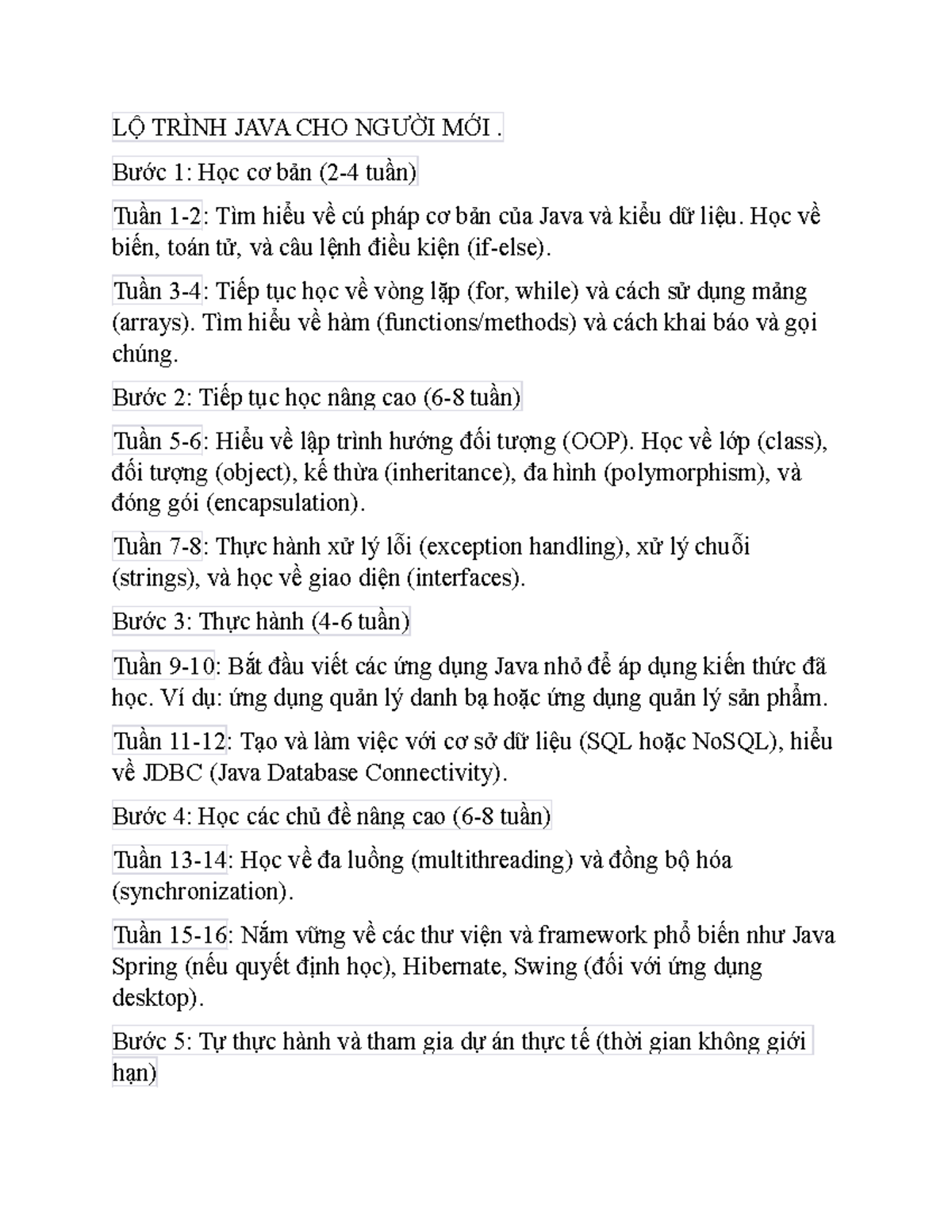 LỘ Trình JAVA CHO NGƯỜI MỚI - LỘ TRÌNH JAVA CHO NGƯỜI MỚI. Bước 1: Học ...