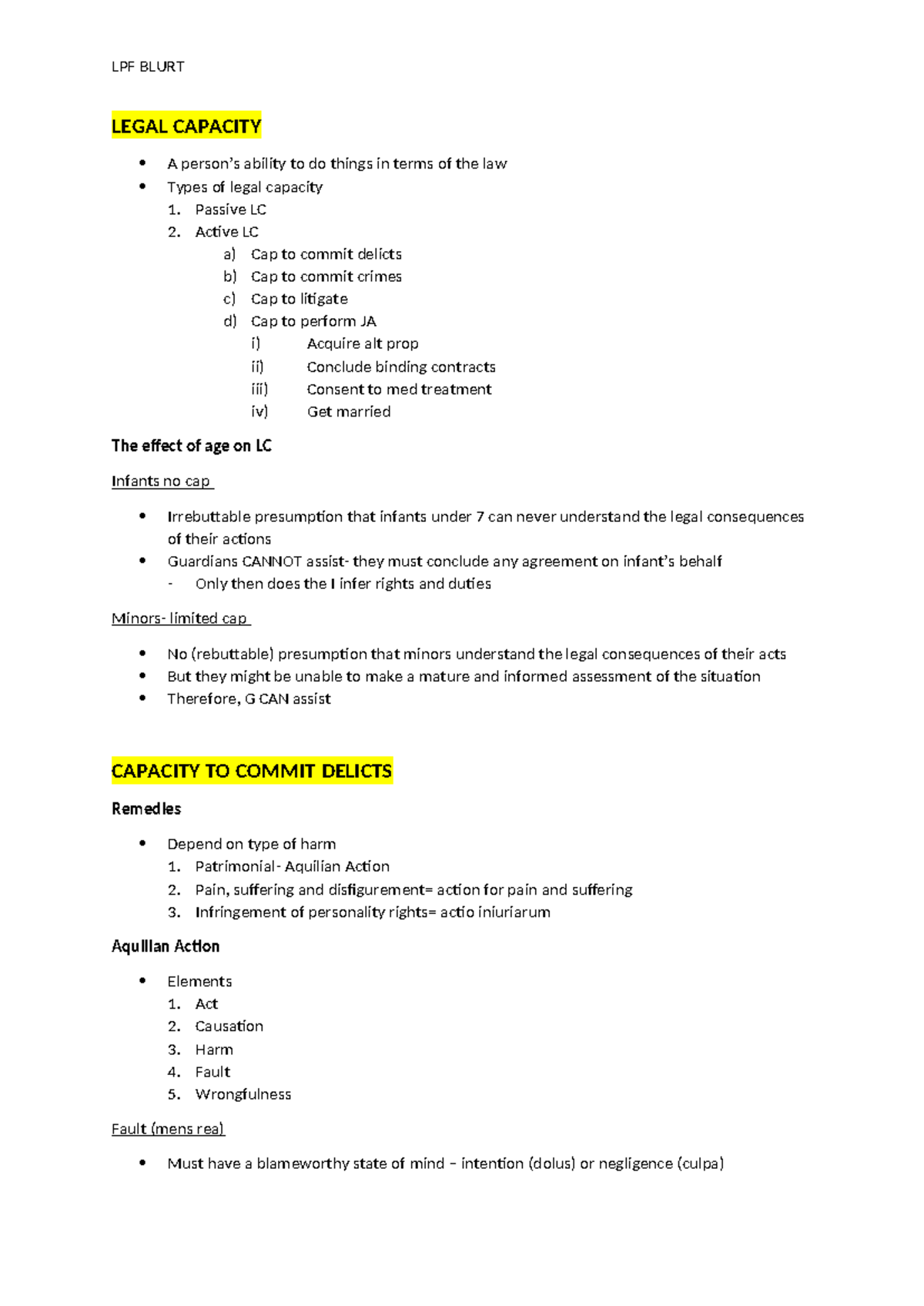 LPF S1 Summary - Semester 1 cheat sheet - LEGAL CAPACITY A person’s ...