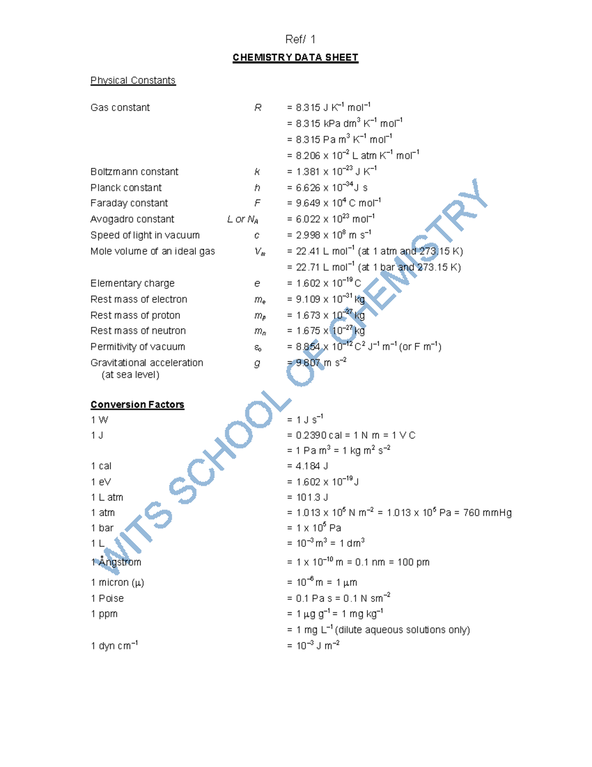 References 1-10 - CHEMISTRY DATA SHEET Physical Constants Gas constant R = 8 J K− 1 mol− 1 = 8 ...