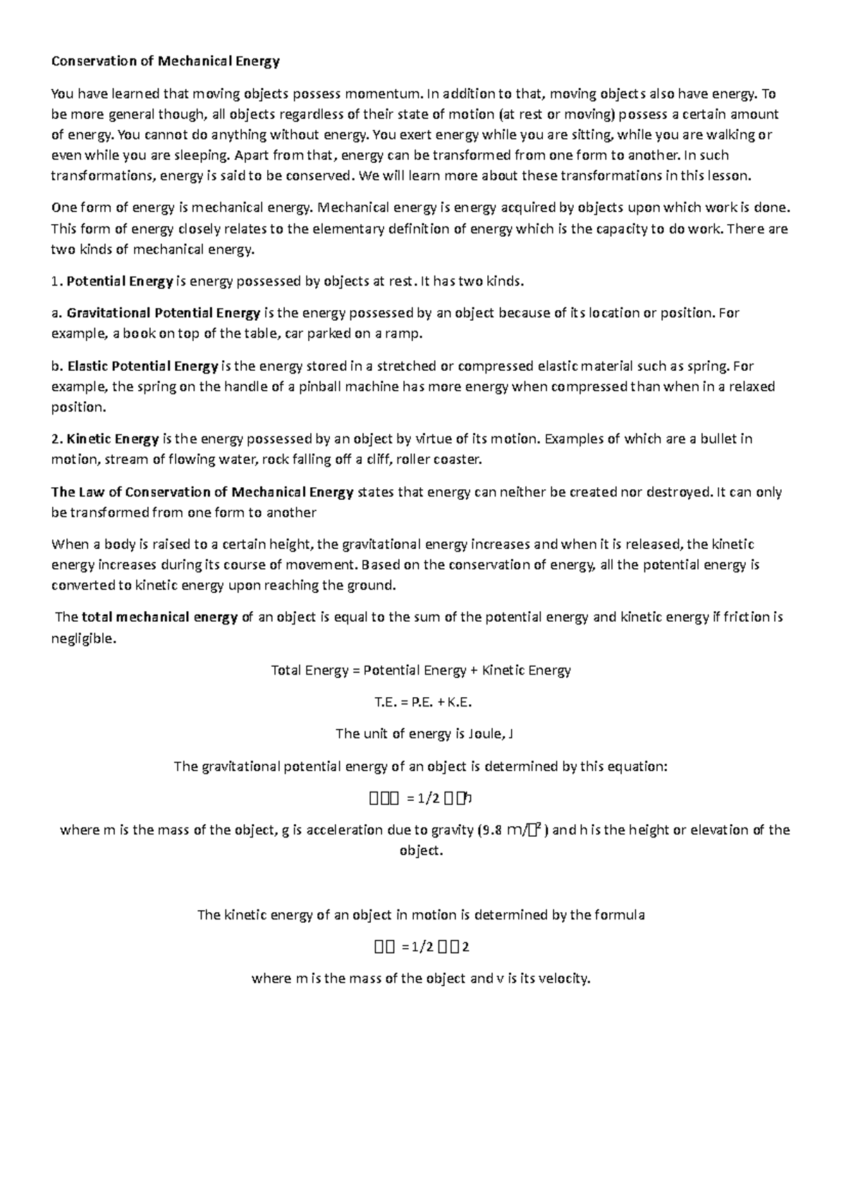 Conservation of Mechanical Energy Lesson - Conservation of Mechanical ...