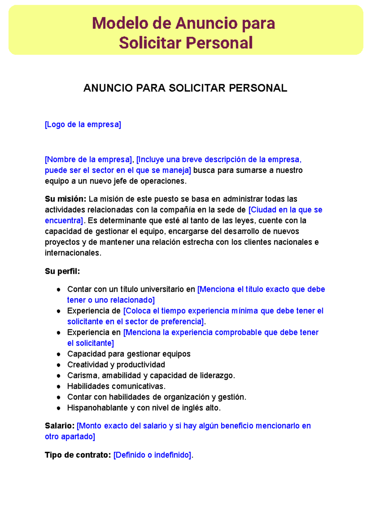 Modelo de Anuncio para solicitar personal - ANUNCIO PARA SOLICITAR ...