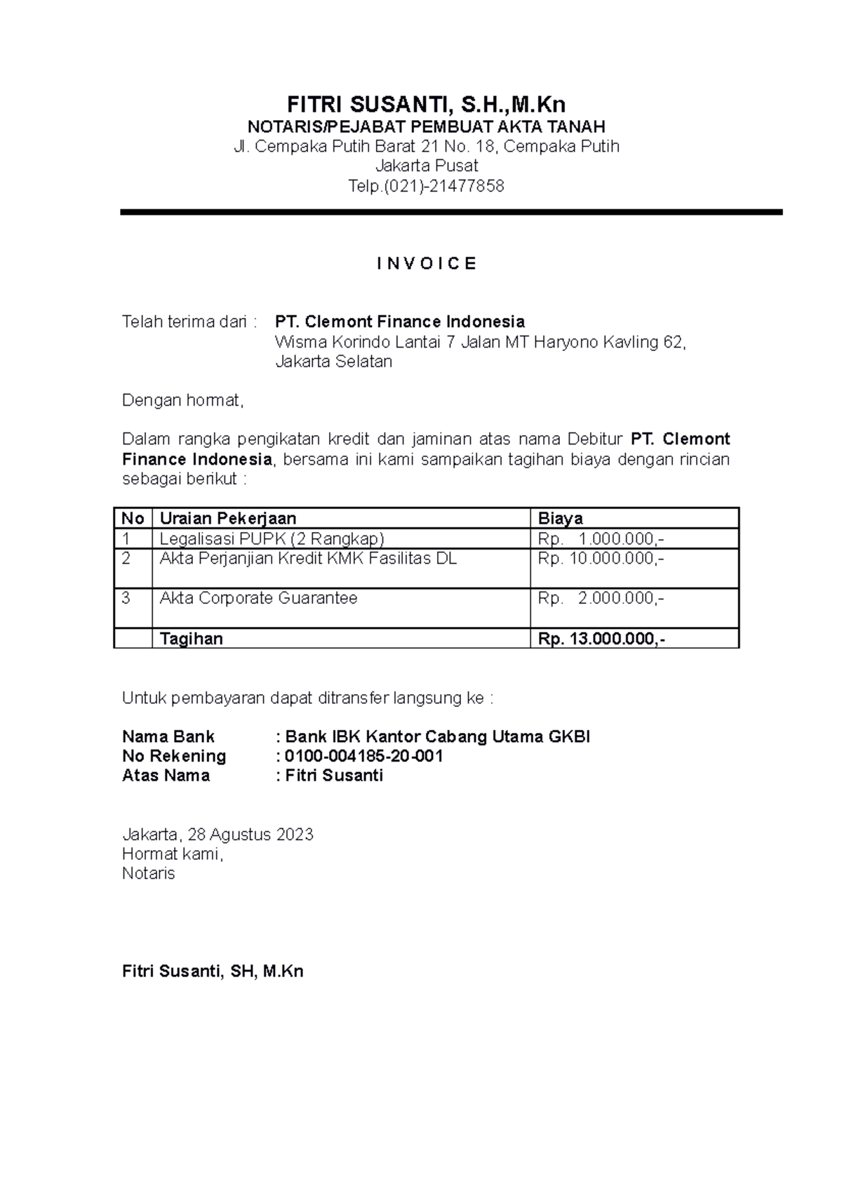 Invoice Tahap 1 00 - FITRI SUSANTI, S.,M NOTARIS/PEJABAT PEMBUAT AKTA ...