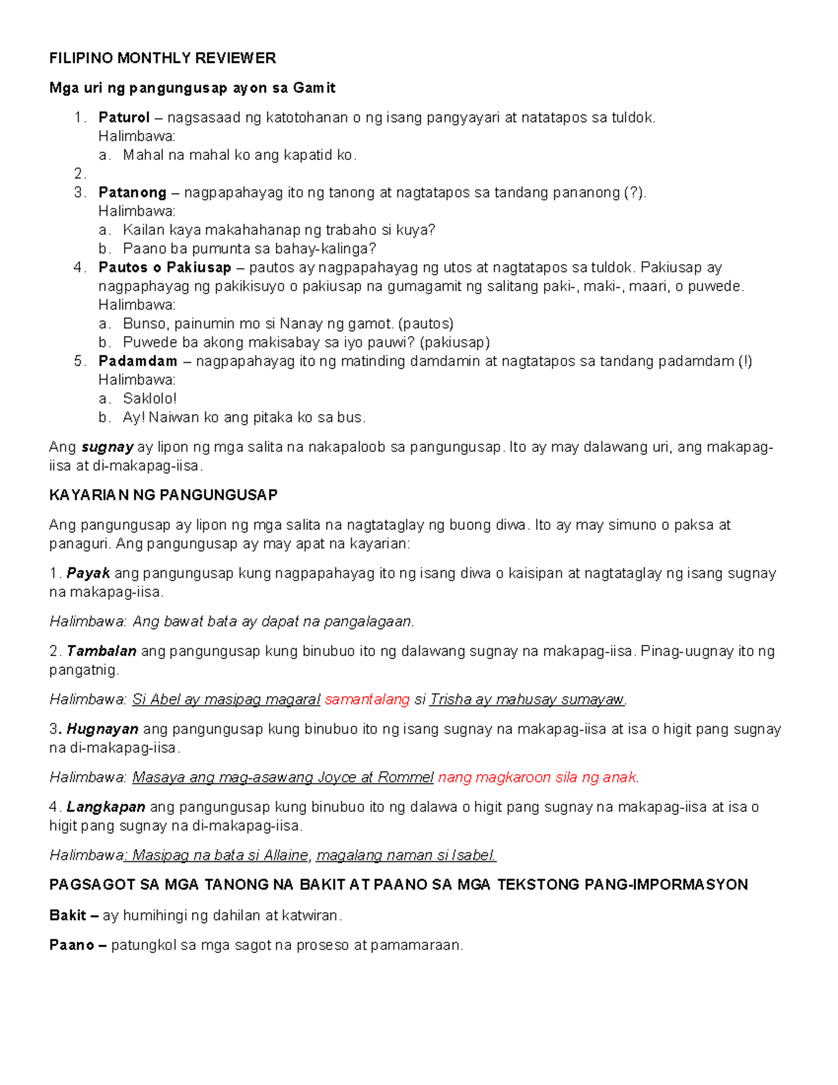 Filipino Monthly Reviewer - FILIPINO MONTHLY REVIEWER Mga uri ng pangungusap ayon sa Gamit 1 ...