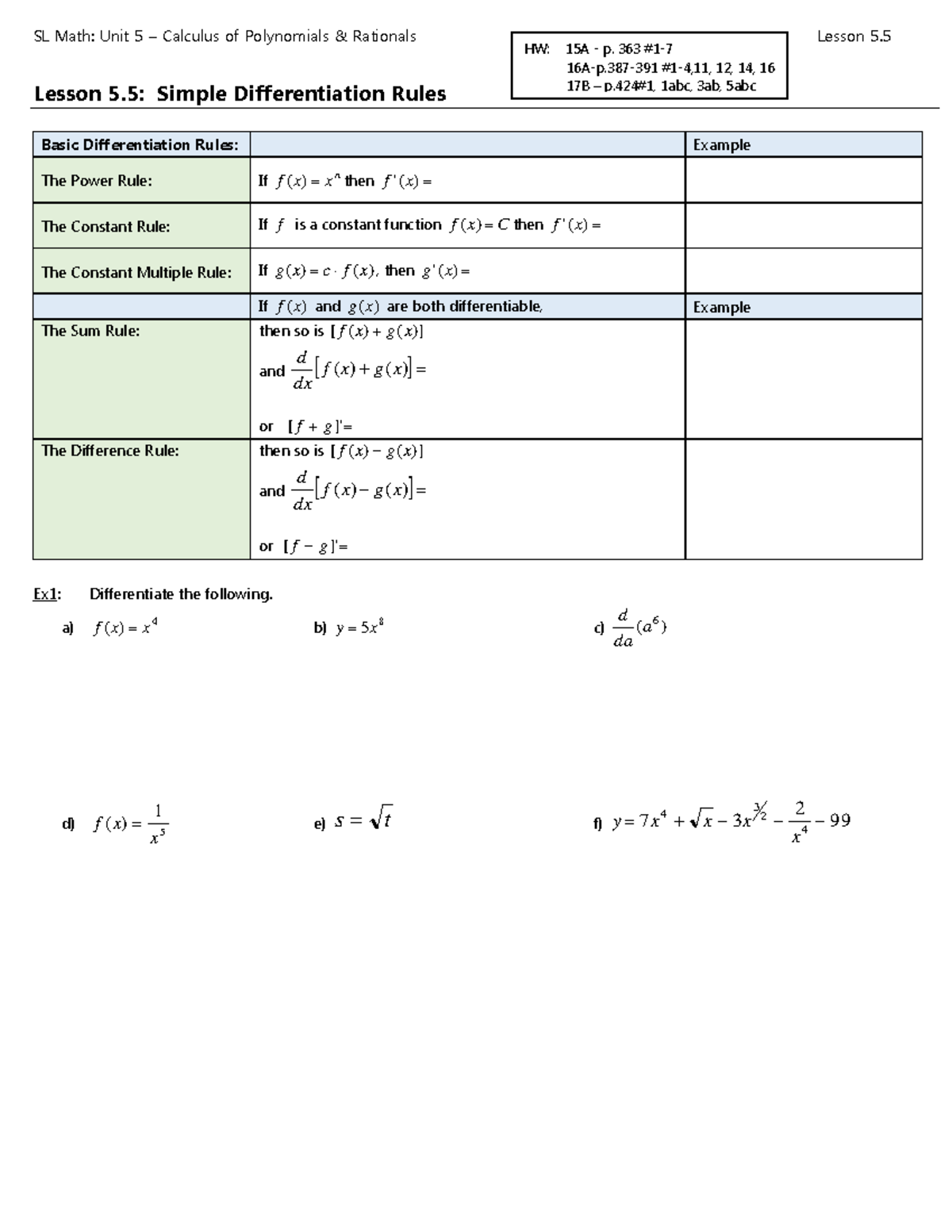 Lesson 5 - Lecture notes 5 - Lesson 5: Simple Differentiation Rules ...