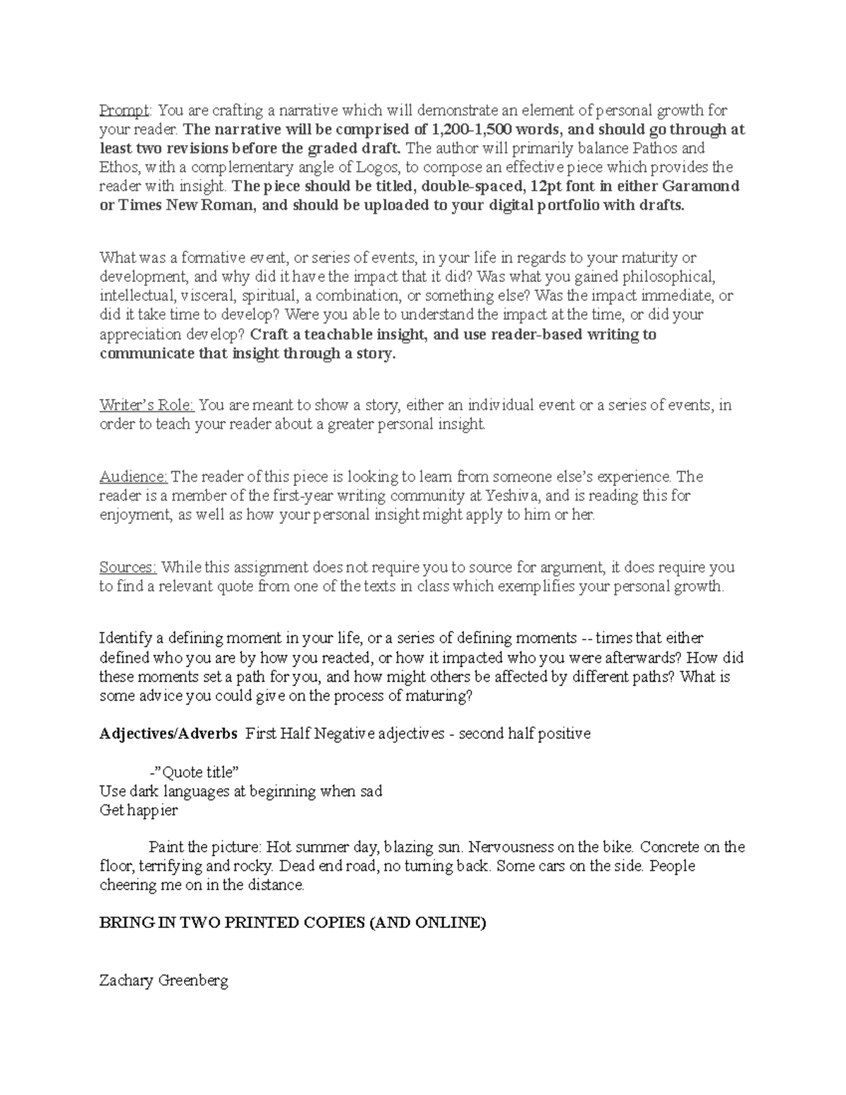 First Year Writing- Personal Naarative- Defining Moment - FYWR 1001 ...