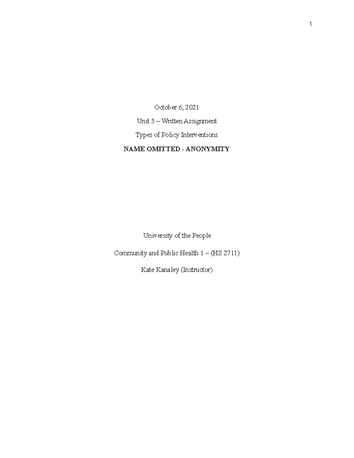 Community and Public Health 1 - Unit 5 - Written Assignment - CPH 2711 ...