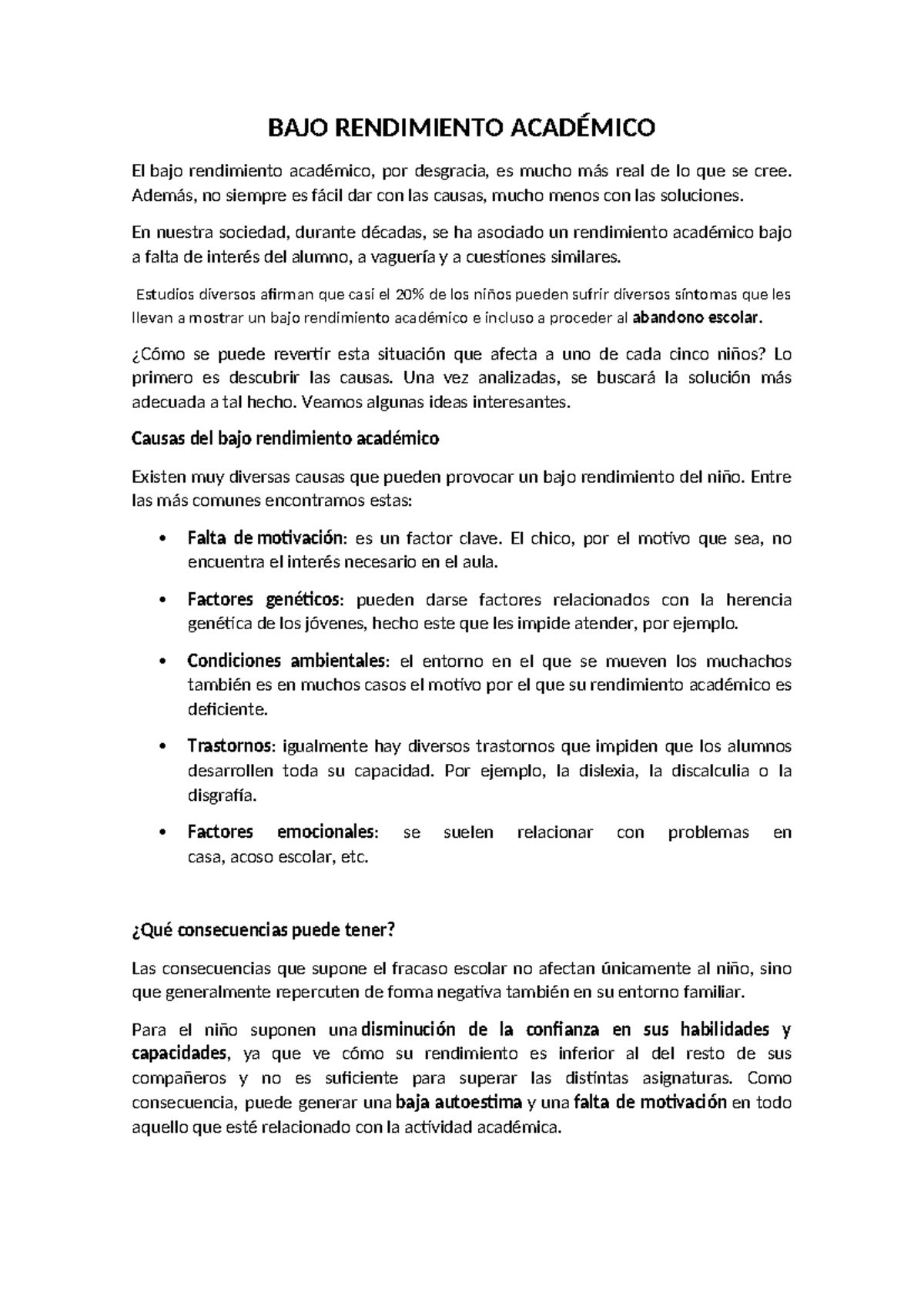BAJO Rendimiento Académico - BAJO RENDIMIENTO ACADÉMICO El bajo ...