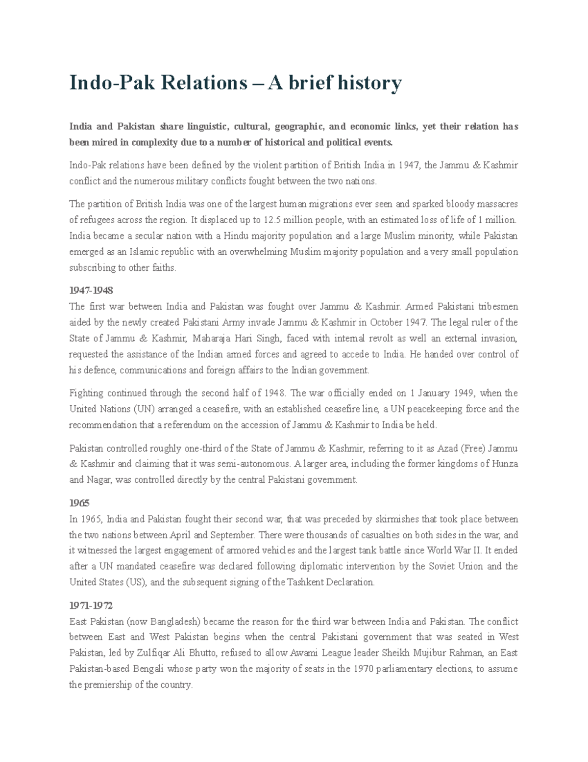 Ind vs pak relation - Indo-Pak Relations – A brief history India and ...