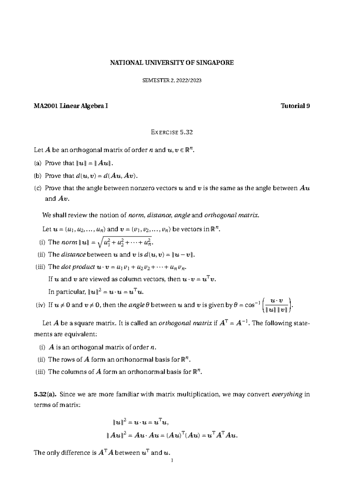 MA2001-T09 - Tutorial 9 - NATIONAL UNIVERSITY OF SINGAPORE SEMESTER 2, 2022/ MA2001 Linear ...