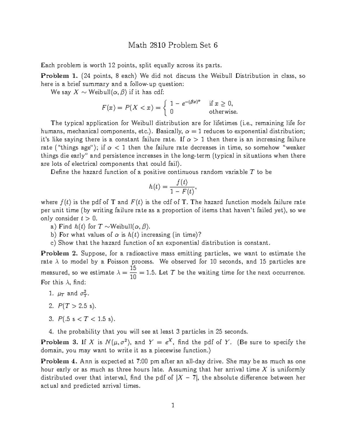 Math 2820 PS6 f24 - PS6 - Math 2810 Problem Set 6 Each problem is worth ...