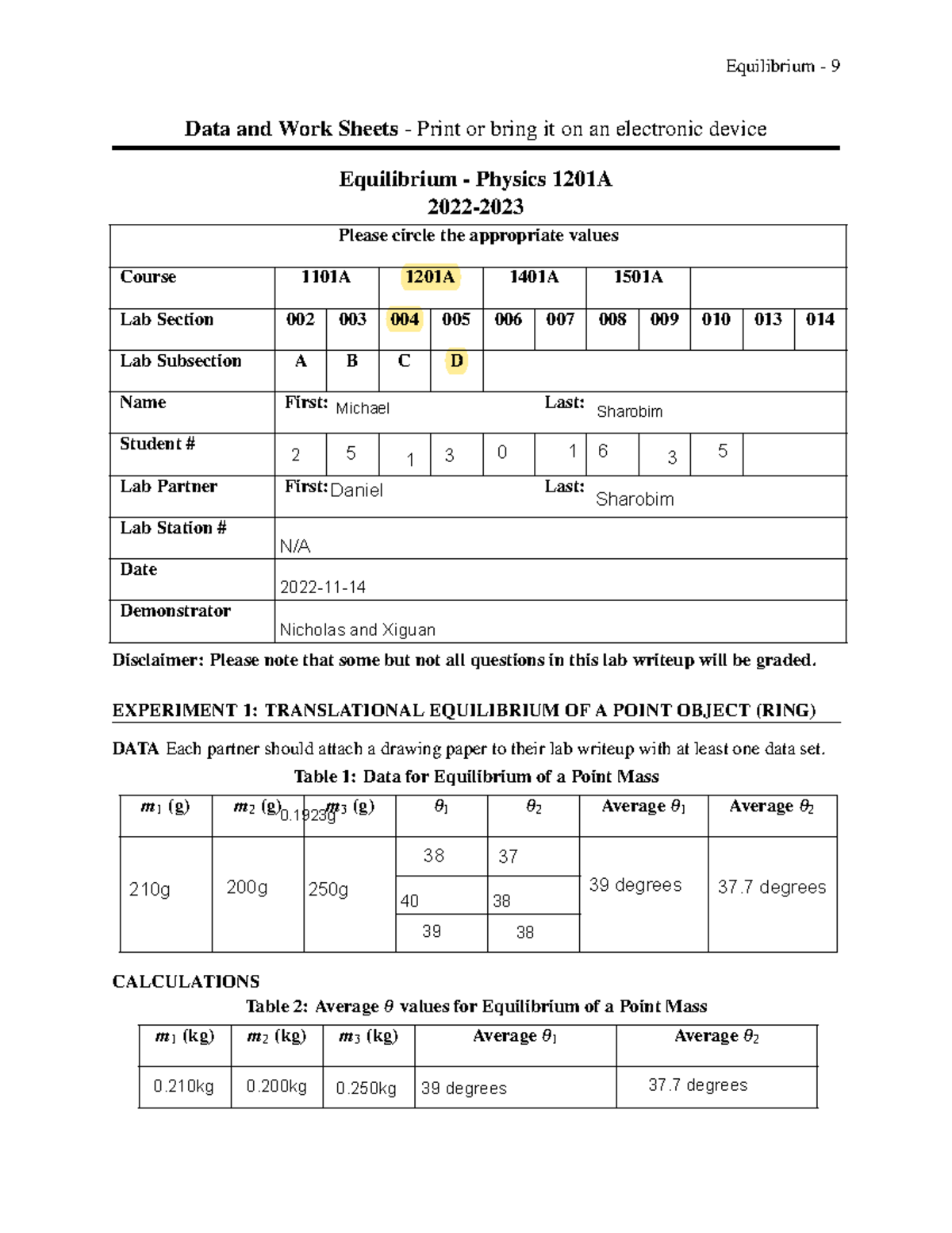 Equilibrium - Data and Work Sheets - Print or bring it on an electronic ...