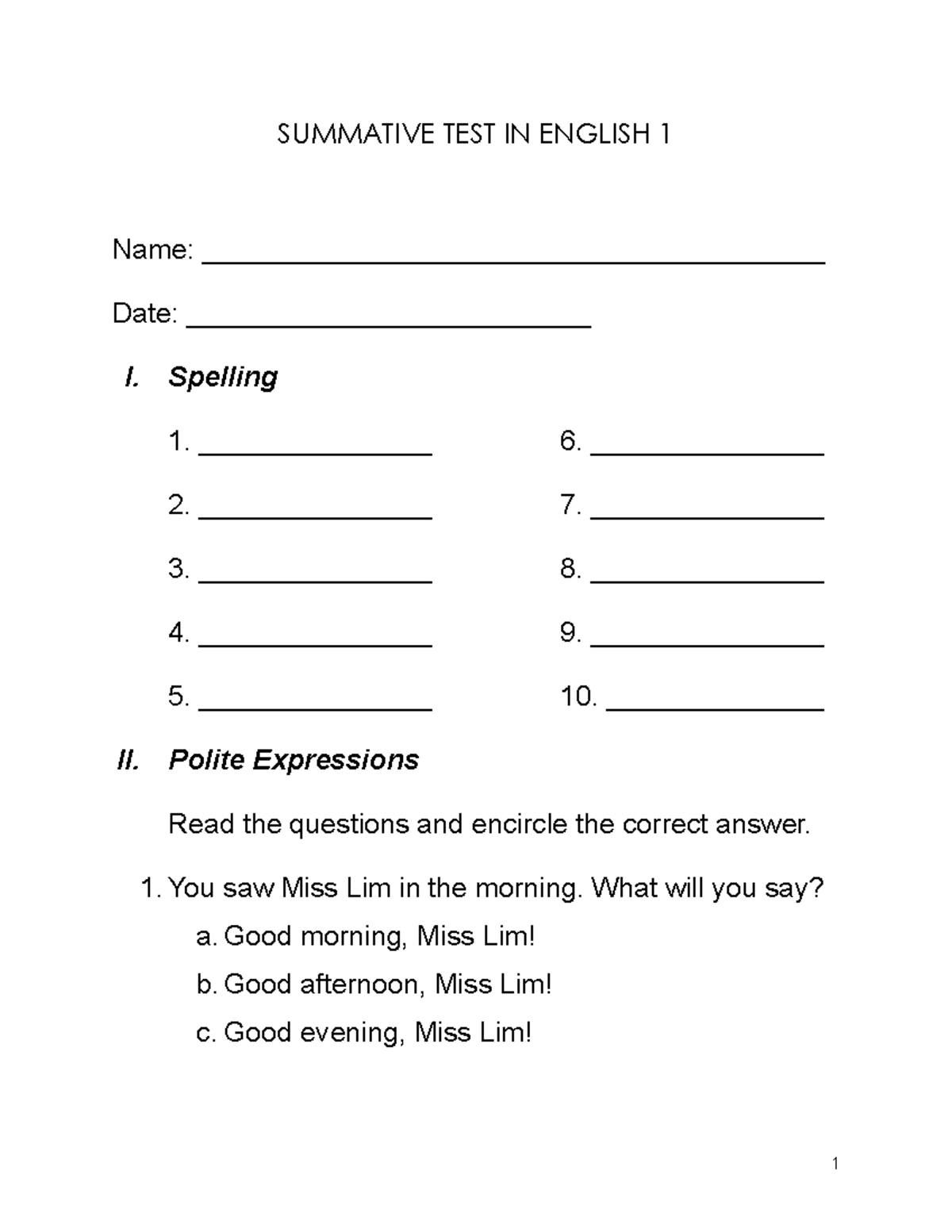 Trie Tutorial Summative Test - SUMMATIVE TEST IN ENGLISH 1 Name: - Studocu