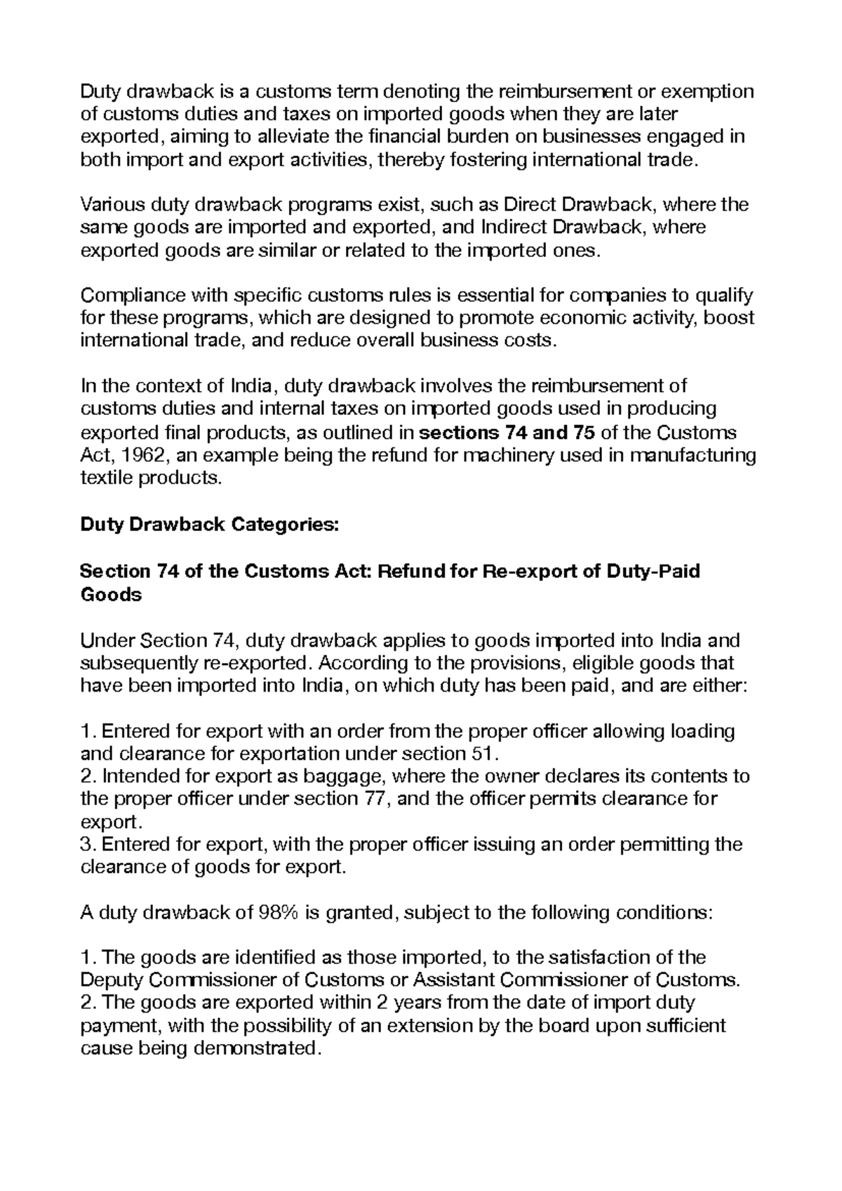 Duty Drawback - Taxation - 2053, self made notes - Duty drawback is a ...