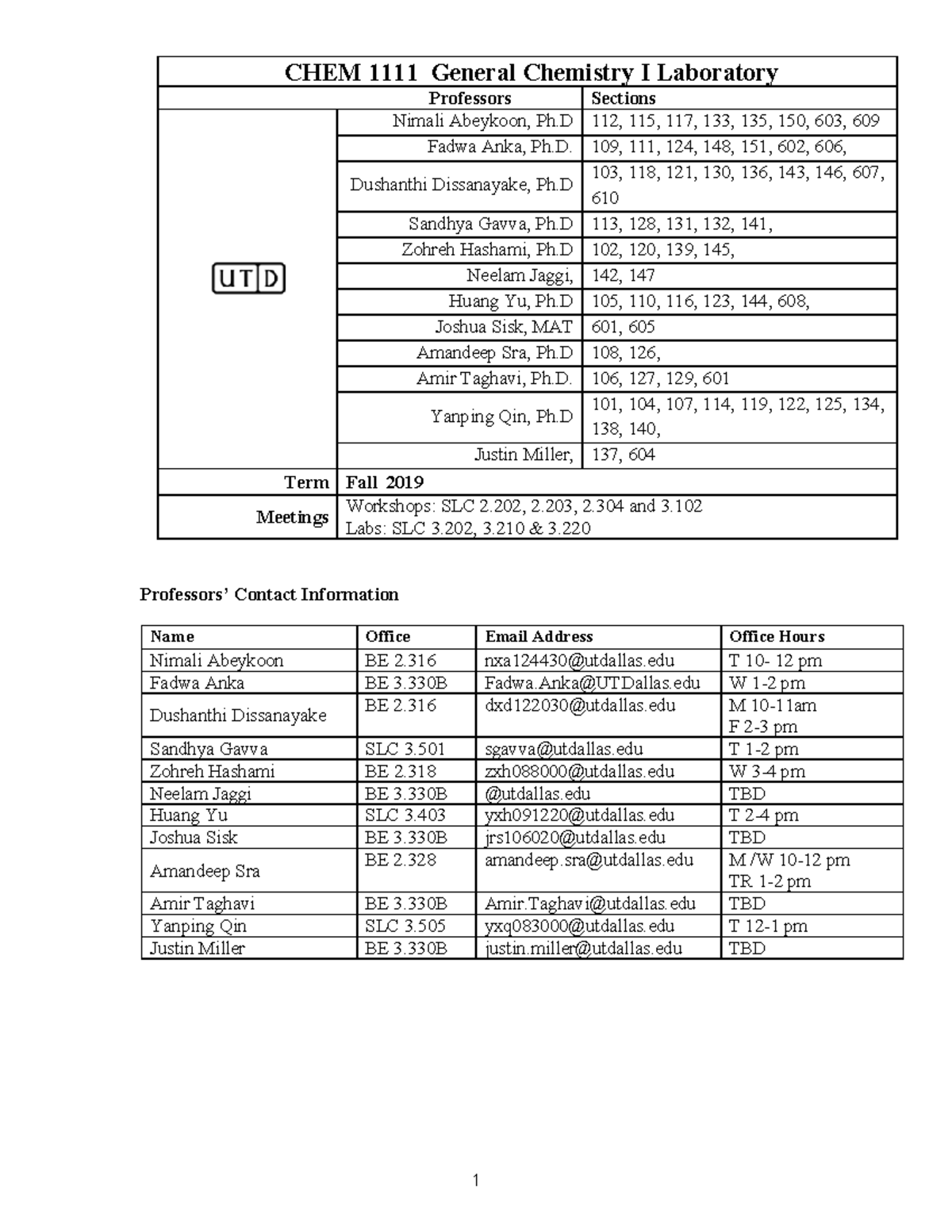 CHEM 1111 Syllabus Fall 2019 - CHEM 1111 General Chemistry I Laboratory Professors Sections ...