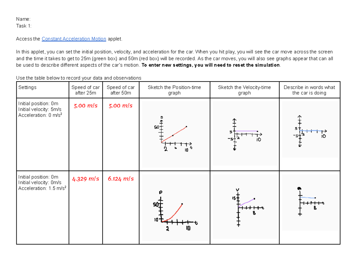 Motion Graphs Student Document - Name: Task 1: Access the Constant Acceleration Motion applet ...