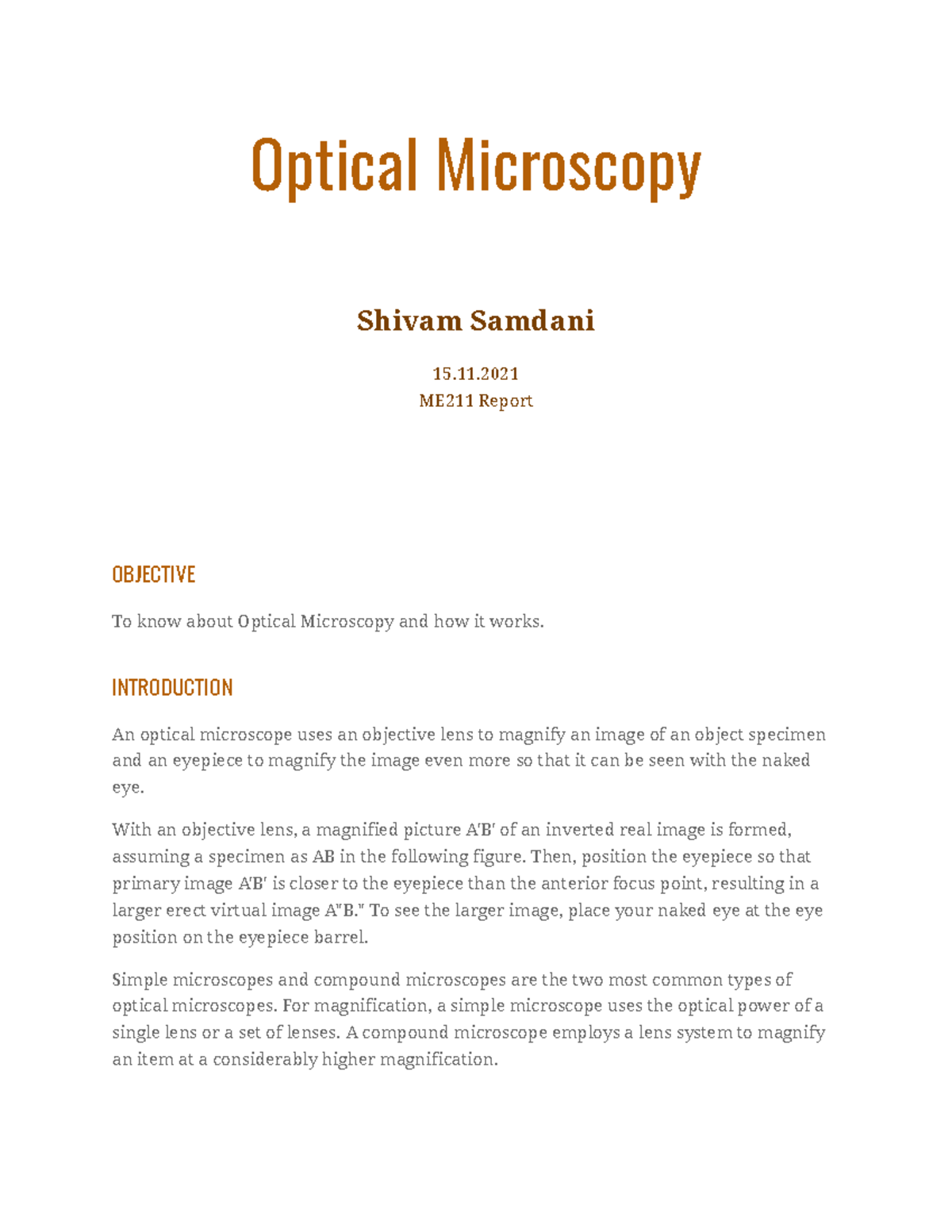 Report for optical microscopy and its uses. - Optical Microscopy Shivam ...