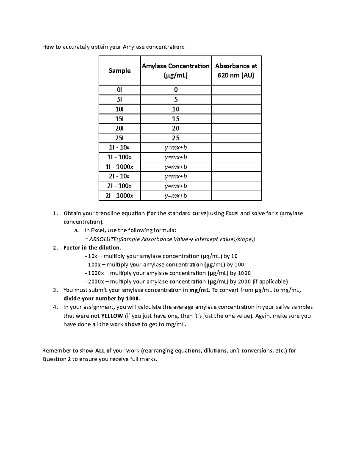 Lab2 Cheat Sheet F2024 - LAB - How to accurately obtain your Amylase ...