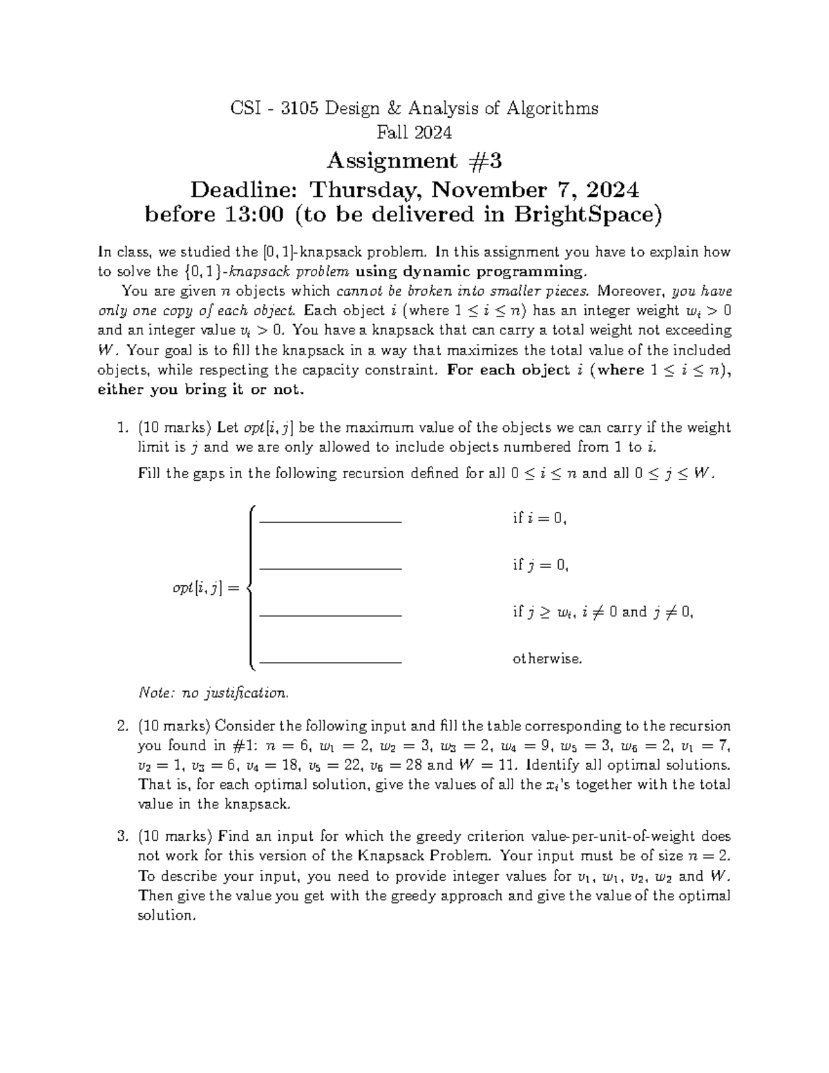 A3 - assignment - CSI - 3105 Design & Analysis of Algorithms Fall 2024 Assignment Deadline ...