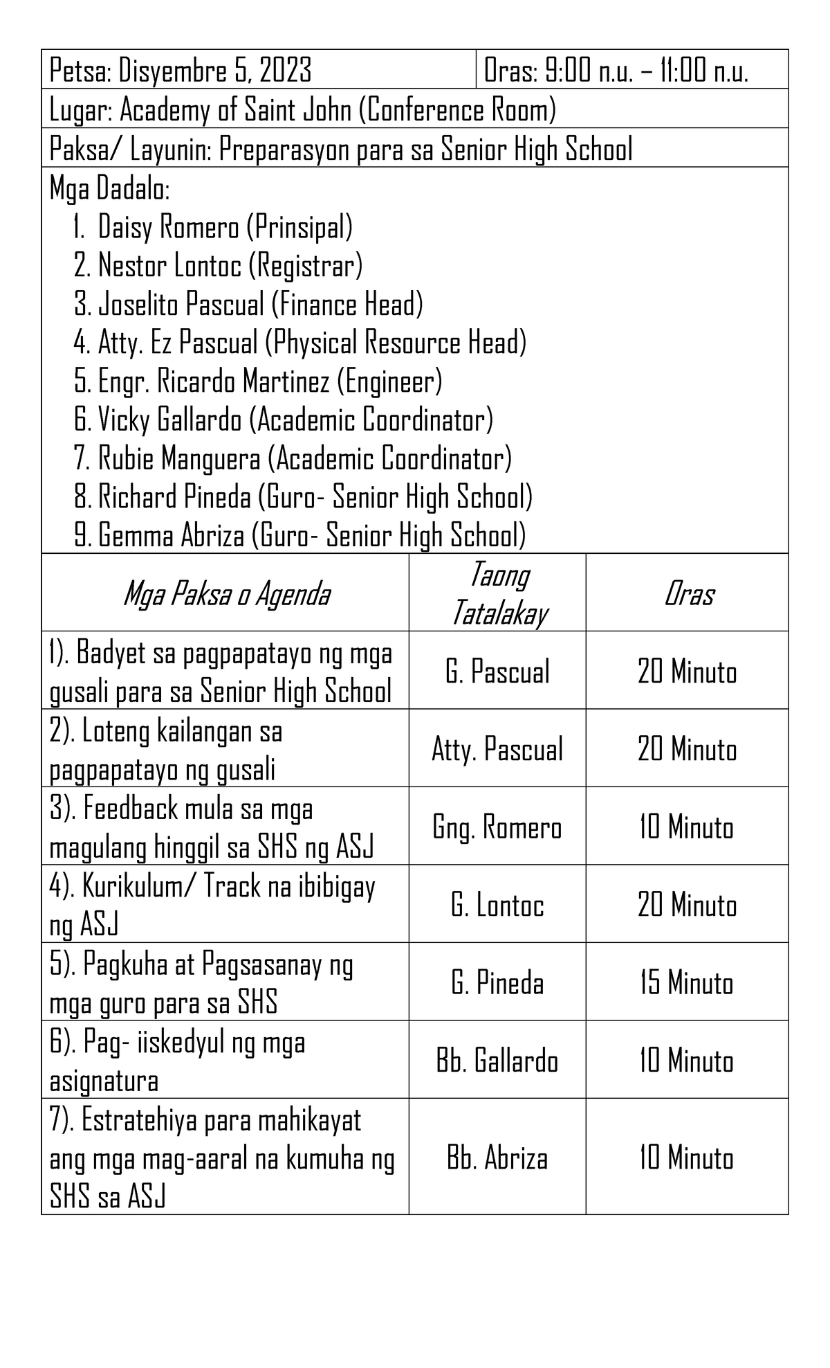 Halimbawa NG Agenda - Filipino - Petsa: Disyembre 5, 2023 Oras: 9:00 n ...