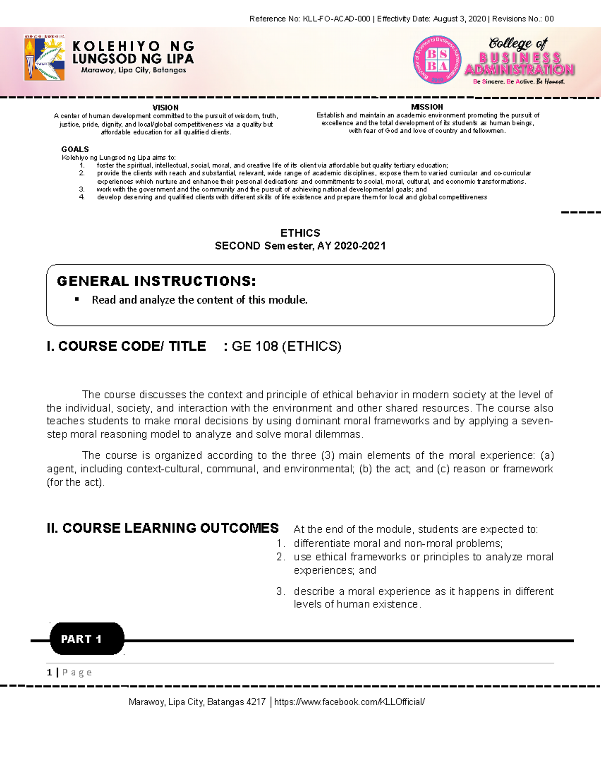 Ethics Module Lecture Notes 1 Reference No Kll Fo Acad 000