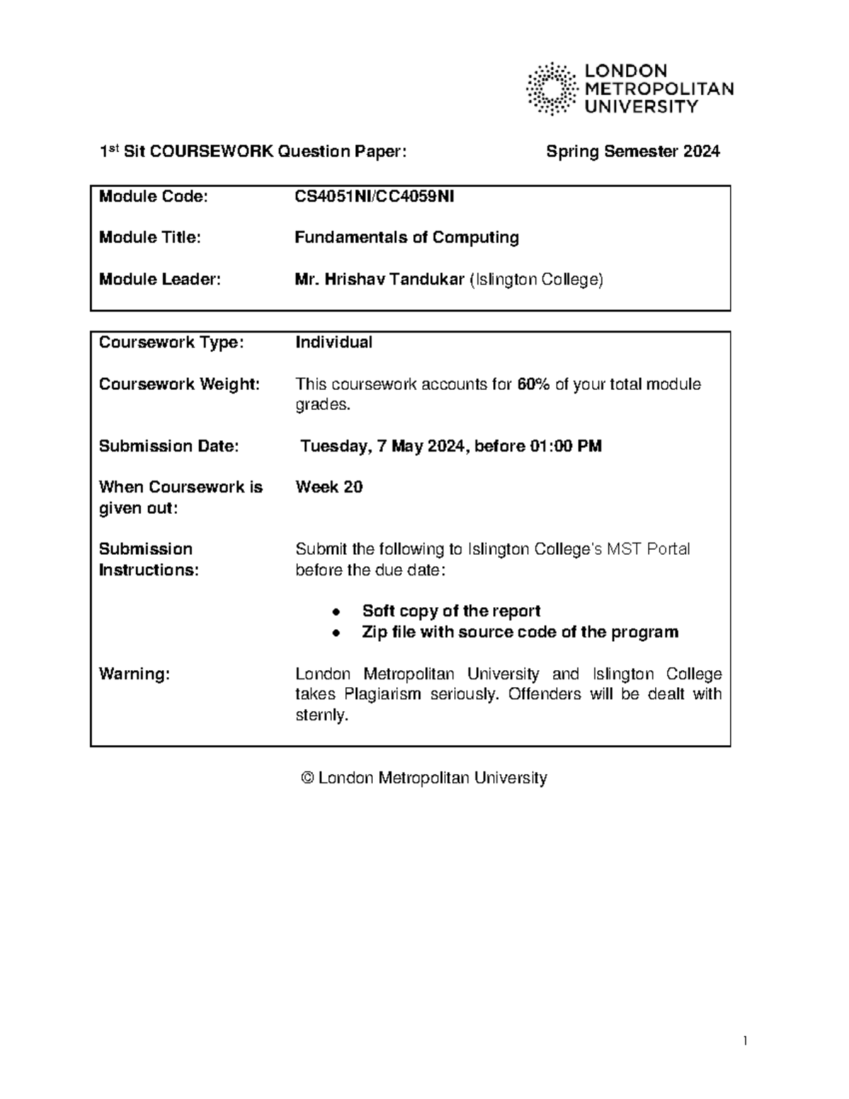 Coursework Python - 1 st Sit COURSEWORK Question Paper: Spring Semester ...