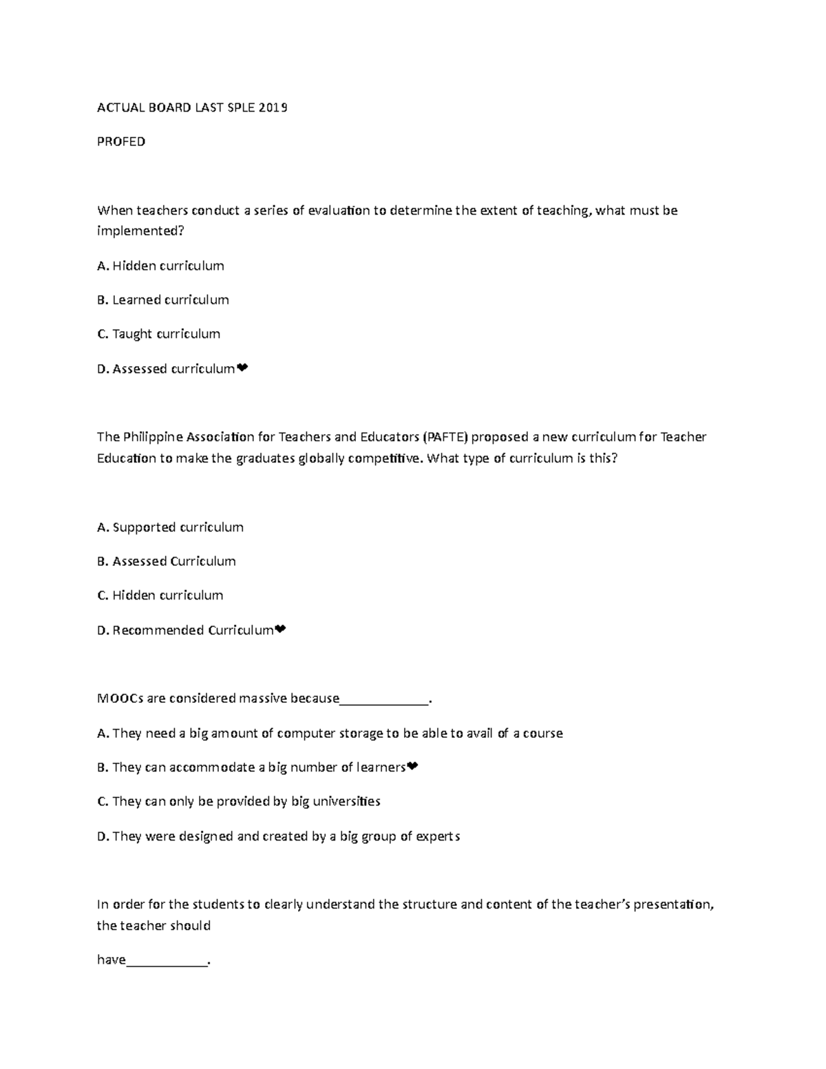 Actual Board LA - Practice material for LET review - ACTUAL BOARD LAST ...