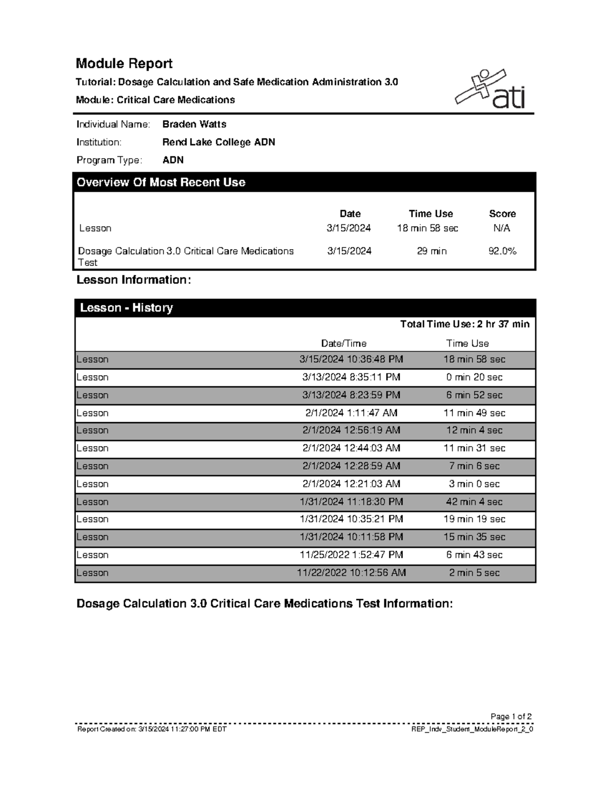 Report (74) - FDSAFADS F - Module Report Tutorial: Dosage Calculation ...