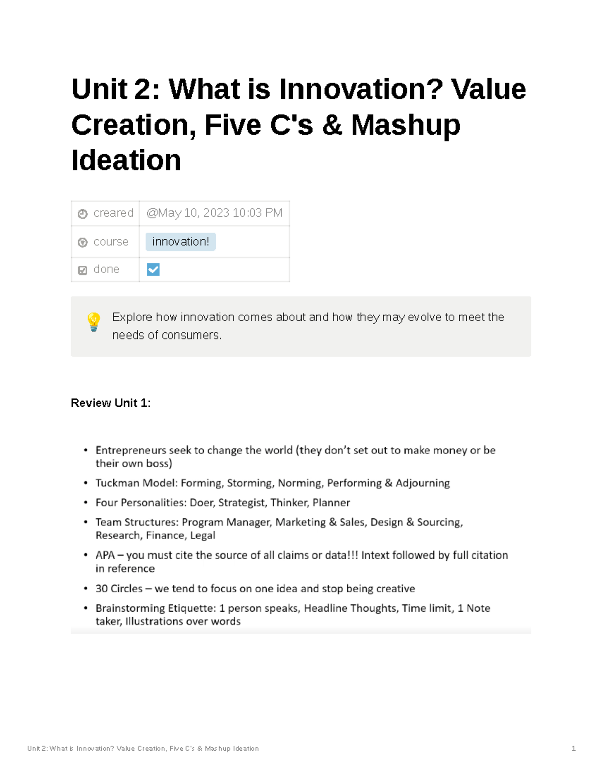 Unit 2 What is Innovation Value Creation, Five C's - Review Unit 1 ...
