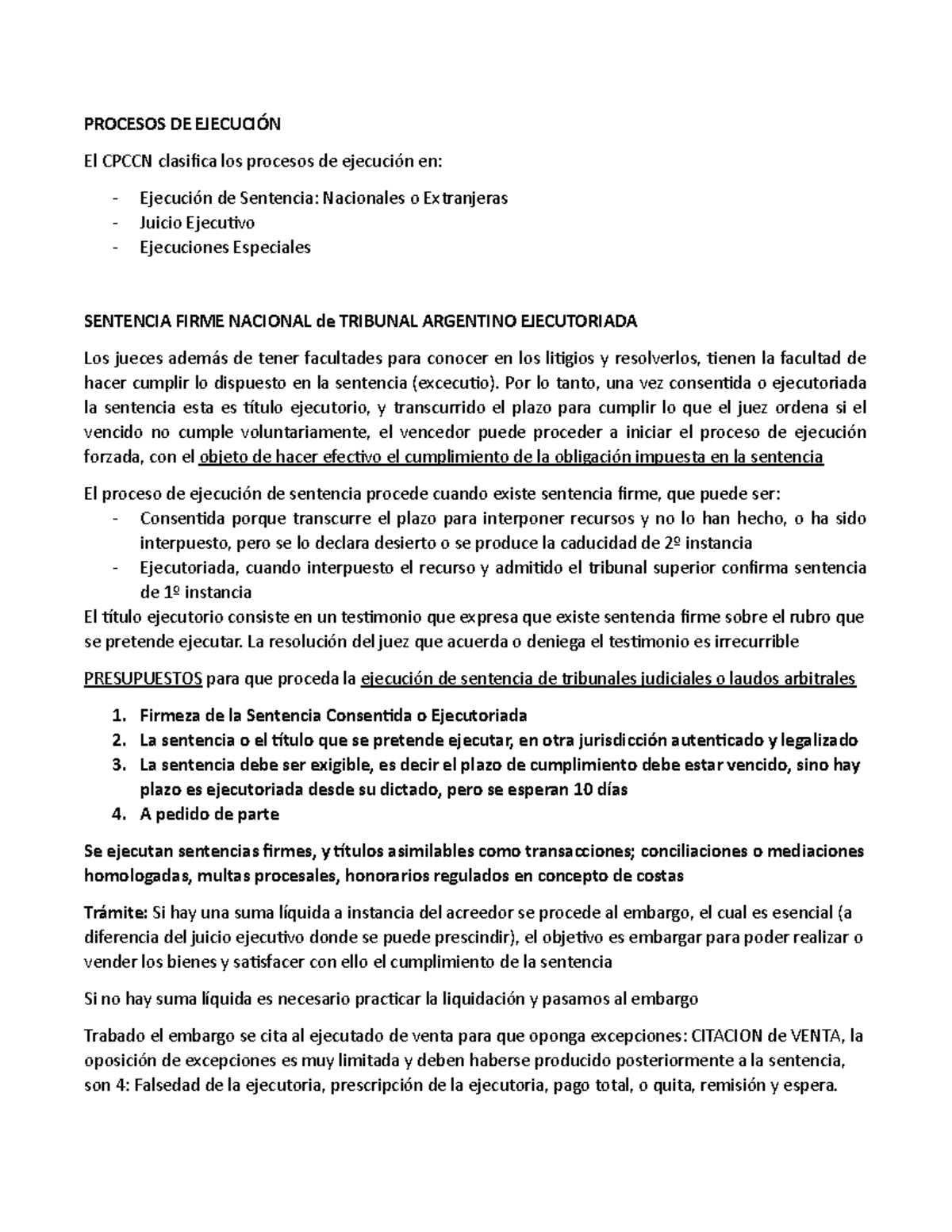 Proceso DE Ejecución - PROCESOS DE EJECUCIÓN El CPCCN clasifica los ...