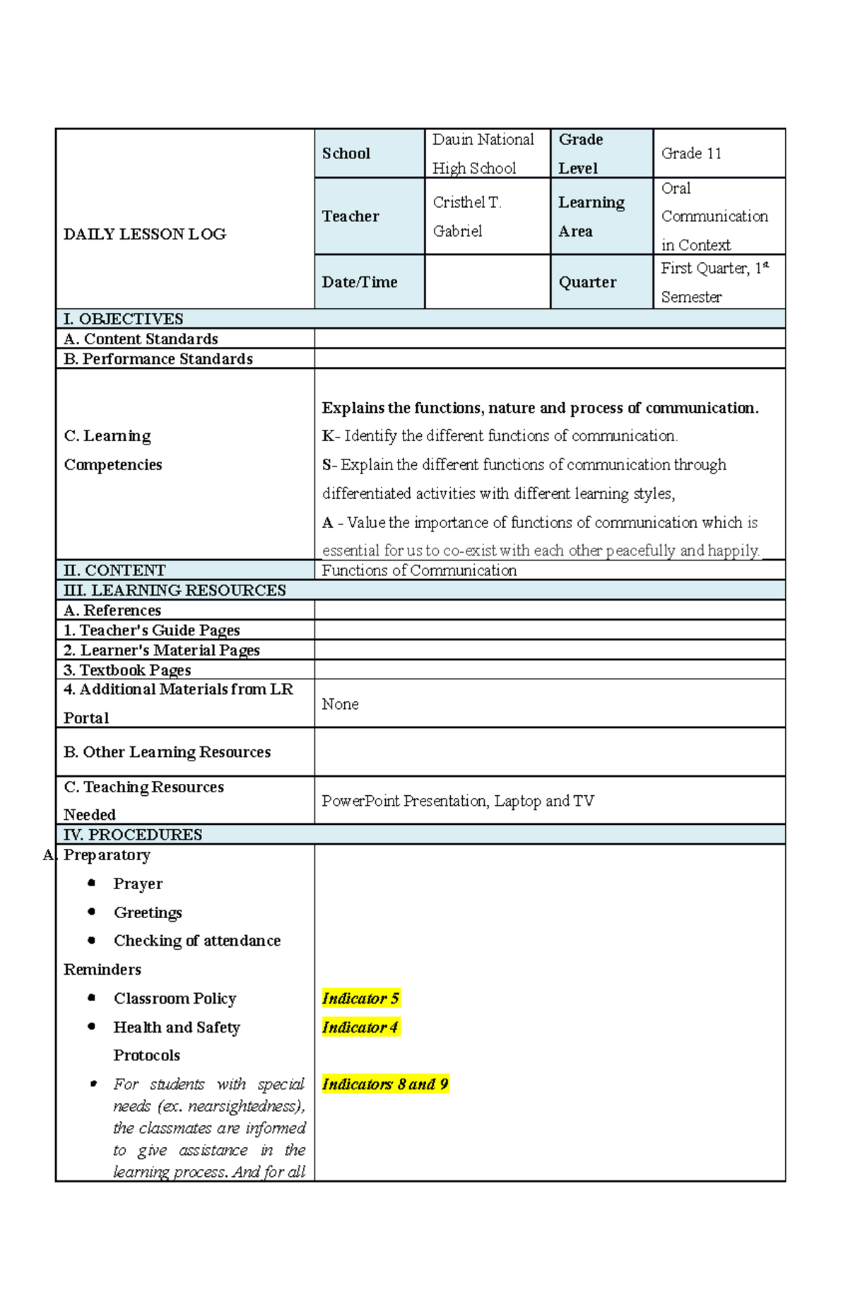 DLL CO ORAL Communication - DAILY LESSON LOG School Dauin National High ...