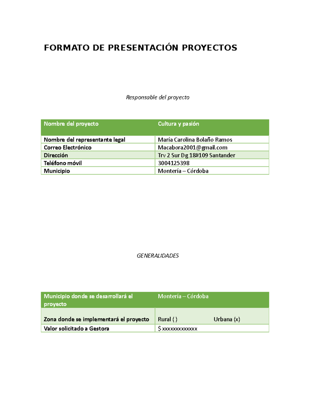 Formato DE Presentación Proyectos Carolina - FORMATO DE PRESENTACIÓN ...