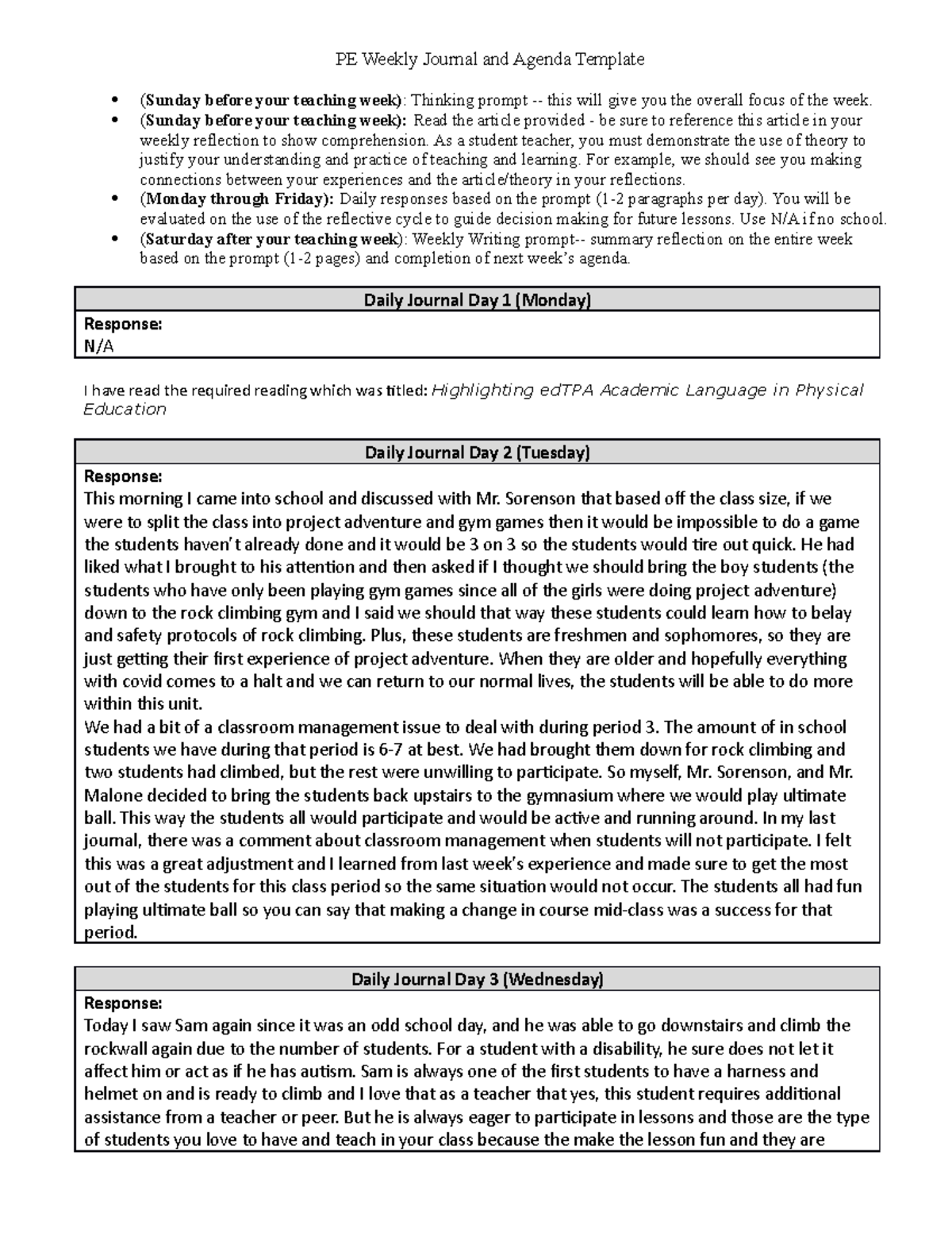 Week 5 student teaching journal - PE Weekly Journal and Agenda Template ...