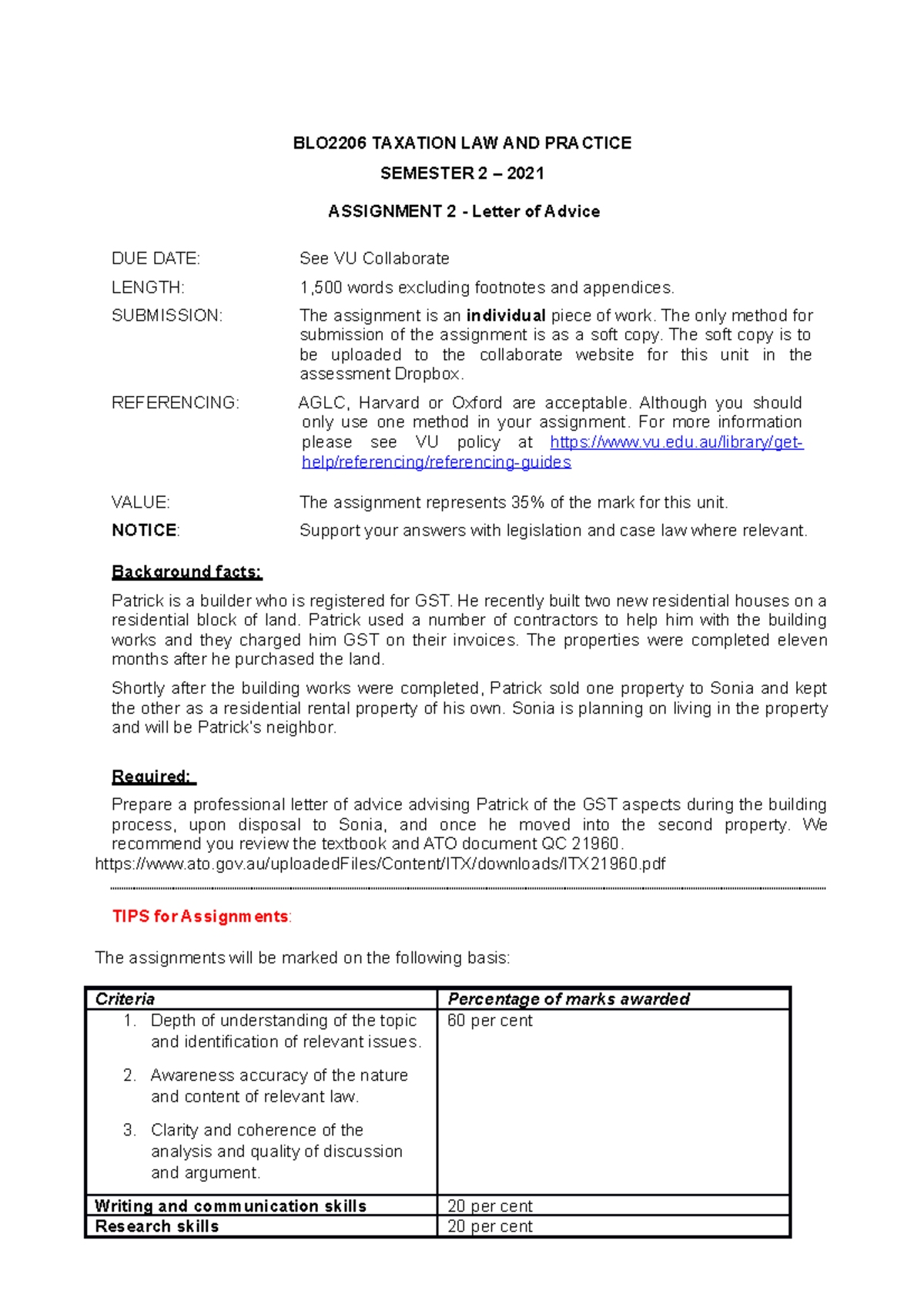 BLO2206-Assessment-1 - BLO2206 TAXATION LAW AND PRACTICE SEMESTER 2 ...