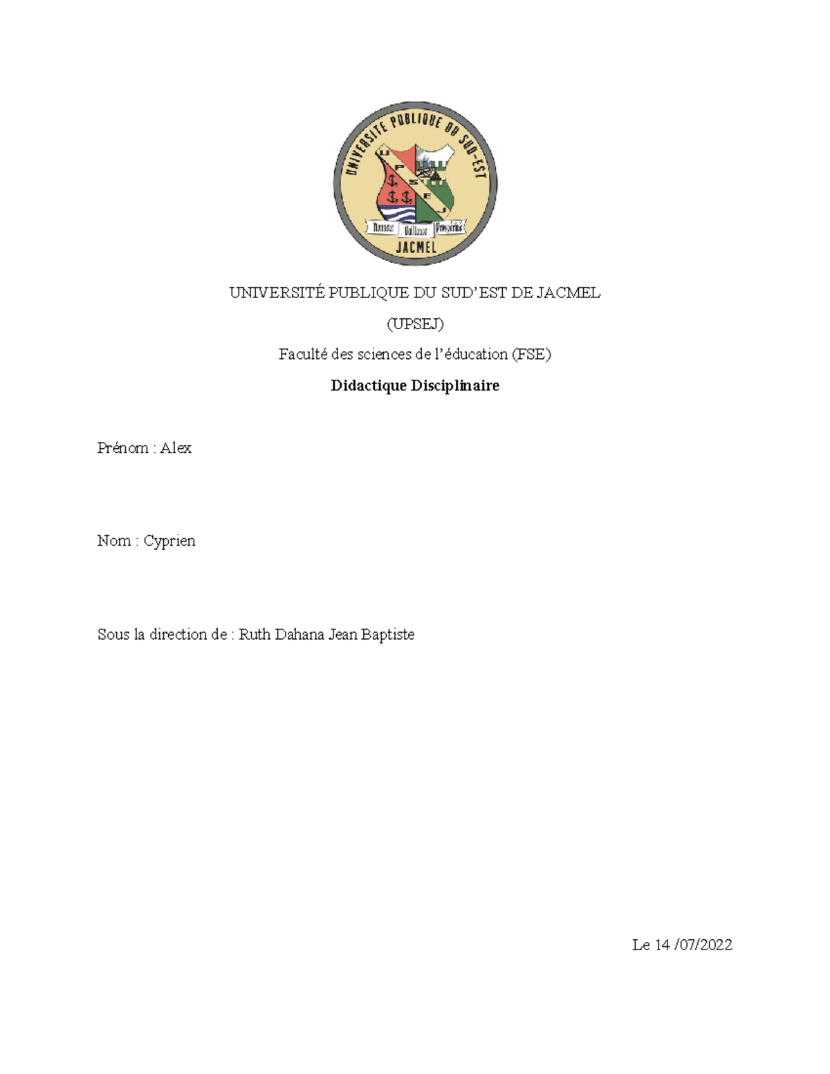 ALEX Cyprien - Travaux de recherche - UNIVERSITÉ PUBLIQUE DU SUD’EST DE ...