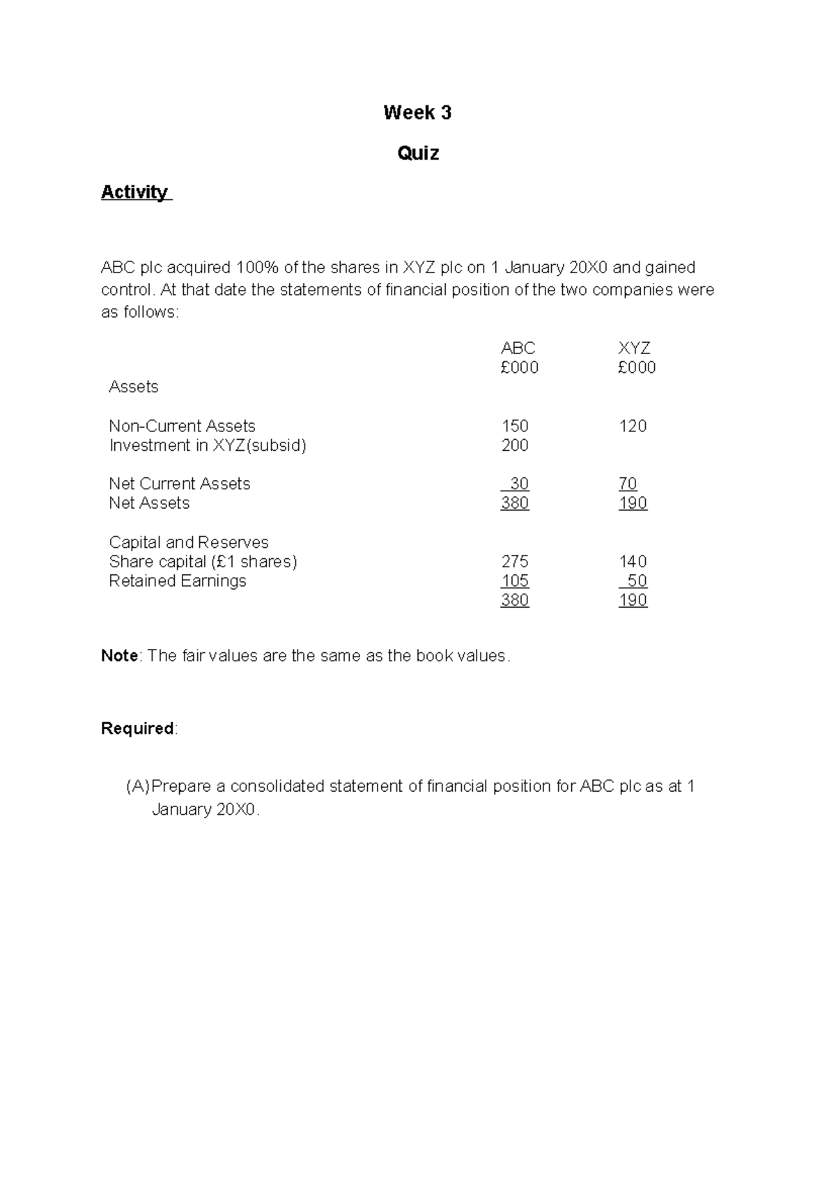 Class exercise(1) - Week 3 Quiz Activity ABC plc acquired 100% of the shares in XYZ plc on 1 ...