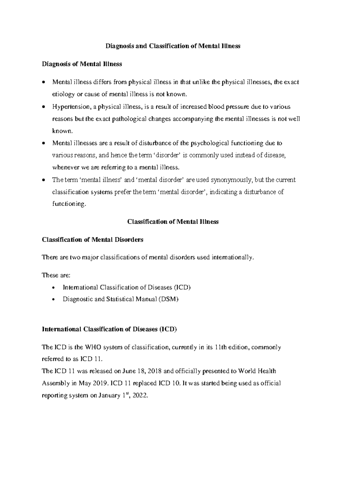 Diagnosis and Classification of Mental Illness notes - Diagnosis and ...