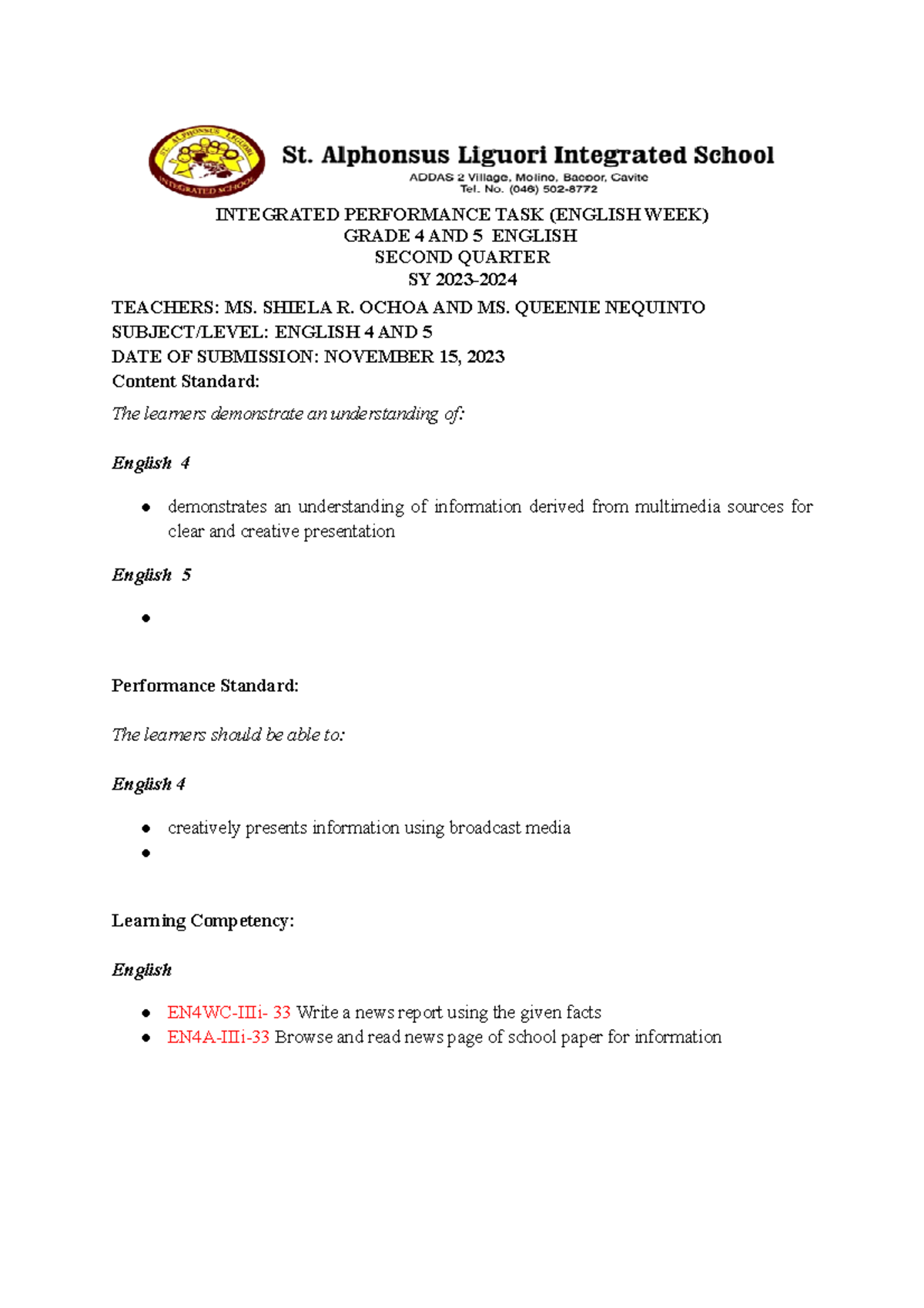 Integrated Performance TASK ( English WEEK) Broad- GR4 AND GR5 ...