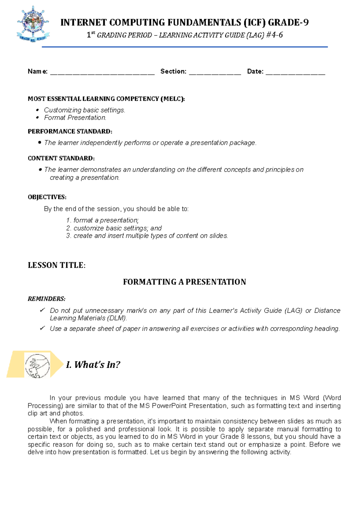 1st GP - ICF 9 - LAG#4-6 - MELC 3-4 - Formatting A Presentation - INTERNET COMPUTING ...