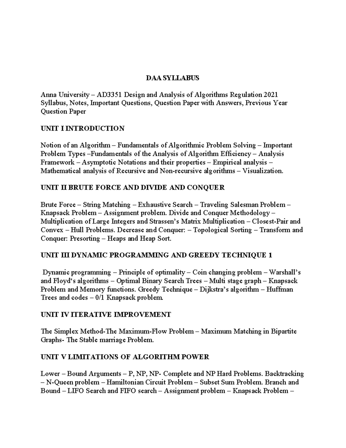 DAA AND DS Syllabus - DAA SYLLABUS Anna University – AD3351 Design and Analysis of Algorithms ...