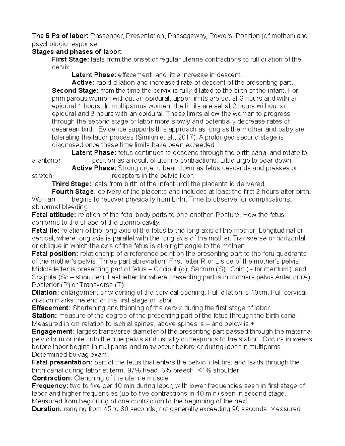 Quiz2 Study Guide - The 5 Ps of labor: Passenger, Presentation ...