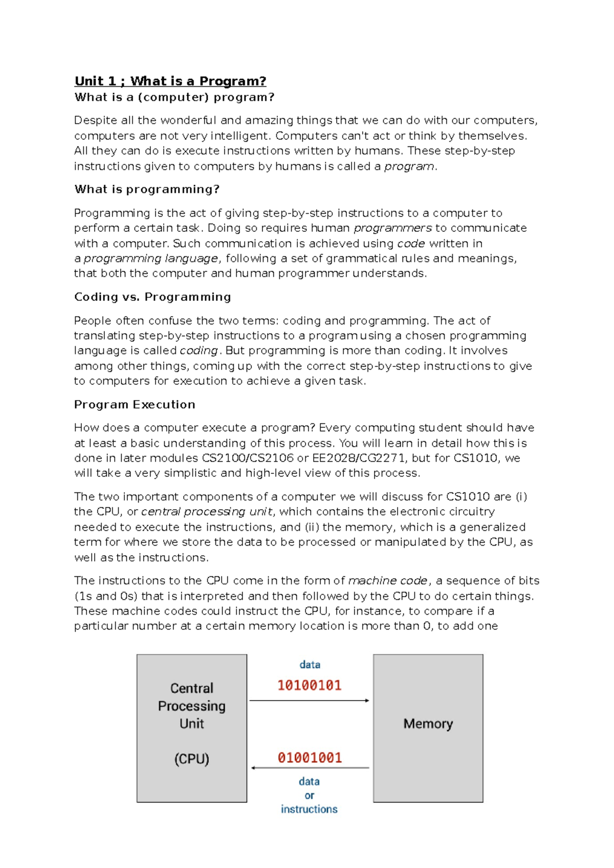 cs1010 notes 2024/25 - Unit 1 ; What is a Program? What is a (computer ...