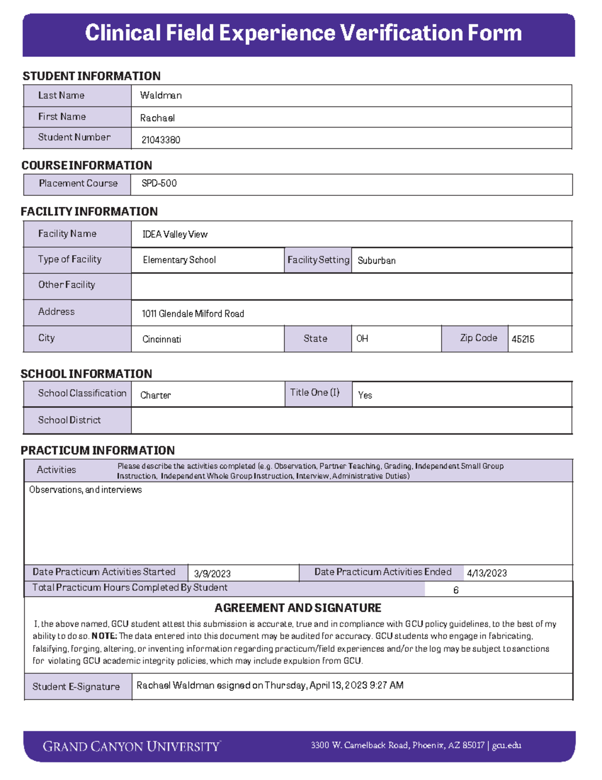 Waldman SPD-500 Clinical Field Experience Verification - COURSE ...