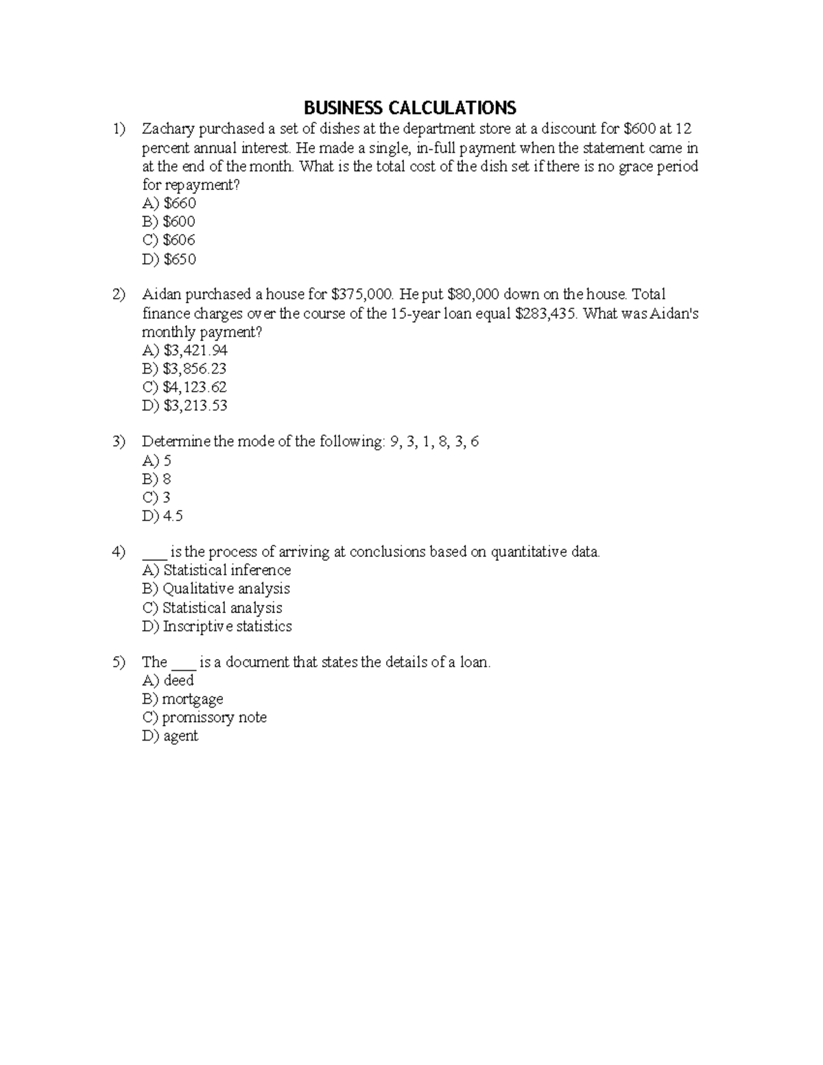 Business Calculations - BUSINESS CALCULATIONS Zachary purchased a set ...
