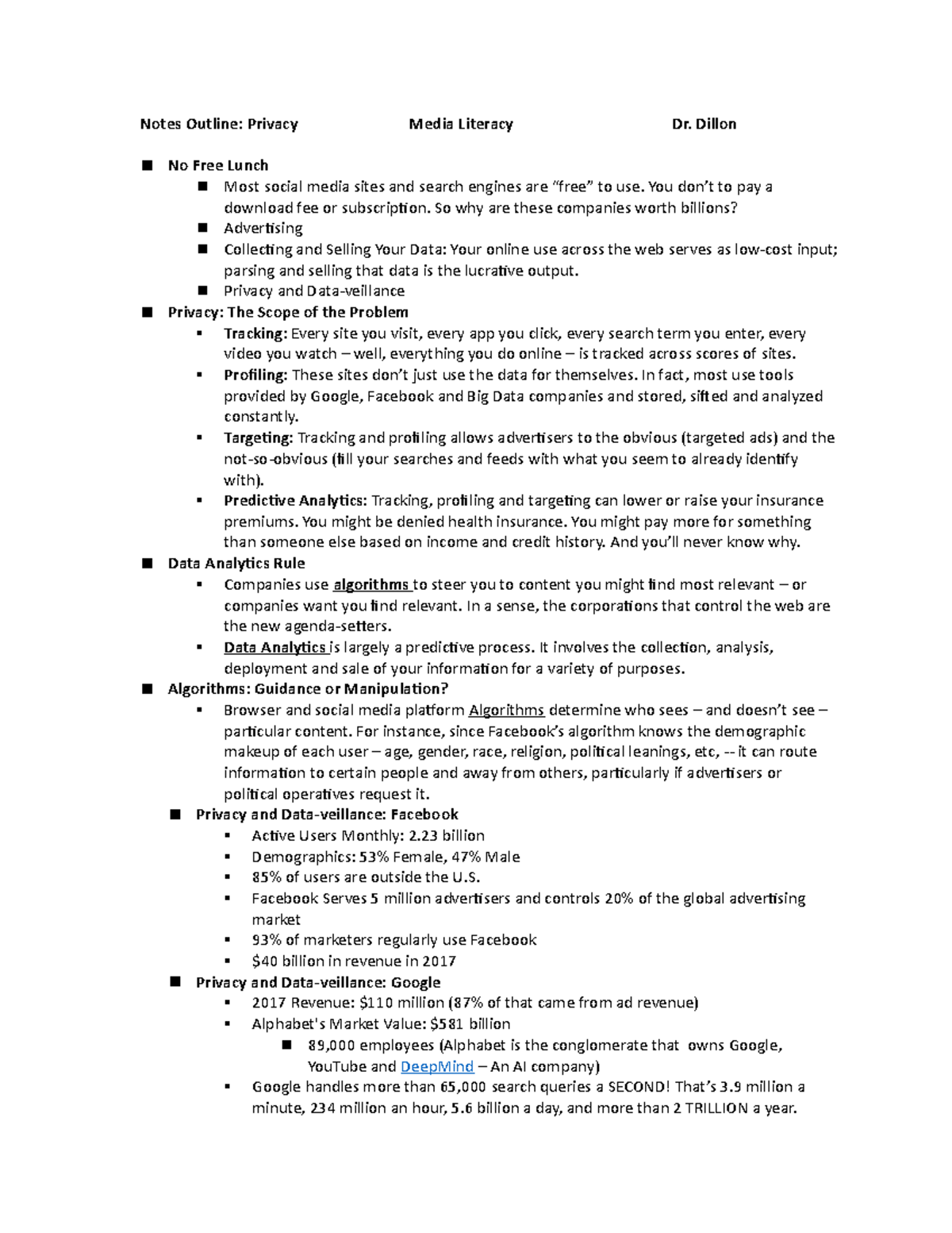 Privacy notes - Notes Outline: Privacy Media Literacy Dr. Dillon No ...