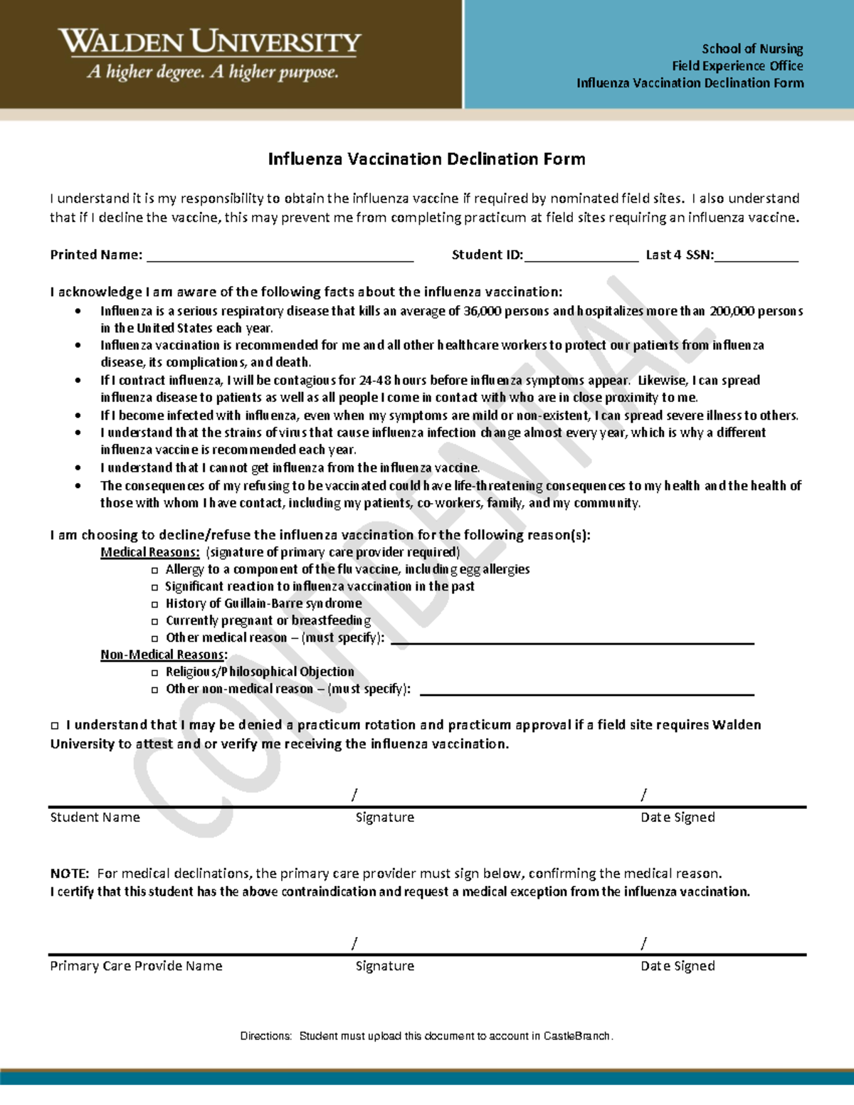 Influenza Declination Form - School of Nursing Field Experience Office ...