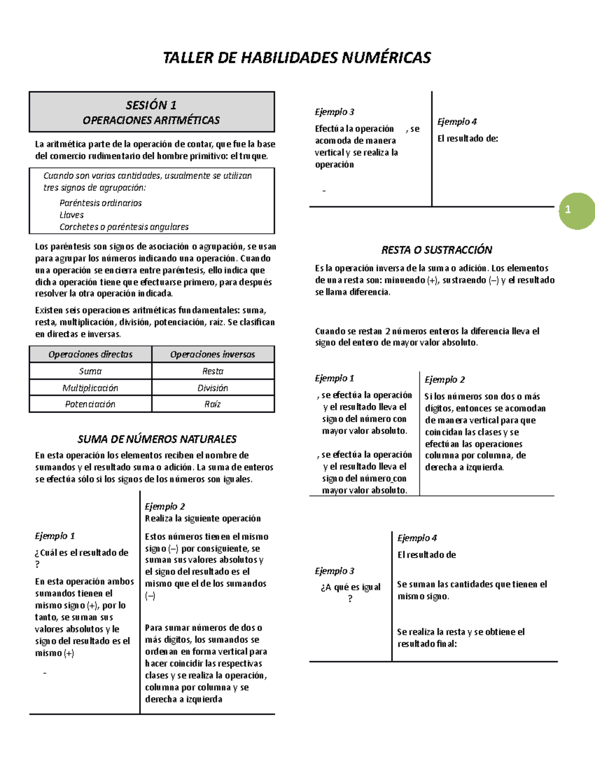 Taller DE Habilidades Numéricas - Parte 1 - 1 - TALLER DE HABILIDADES ...
