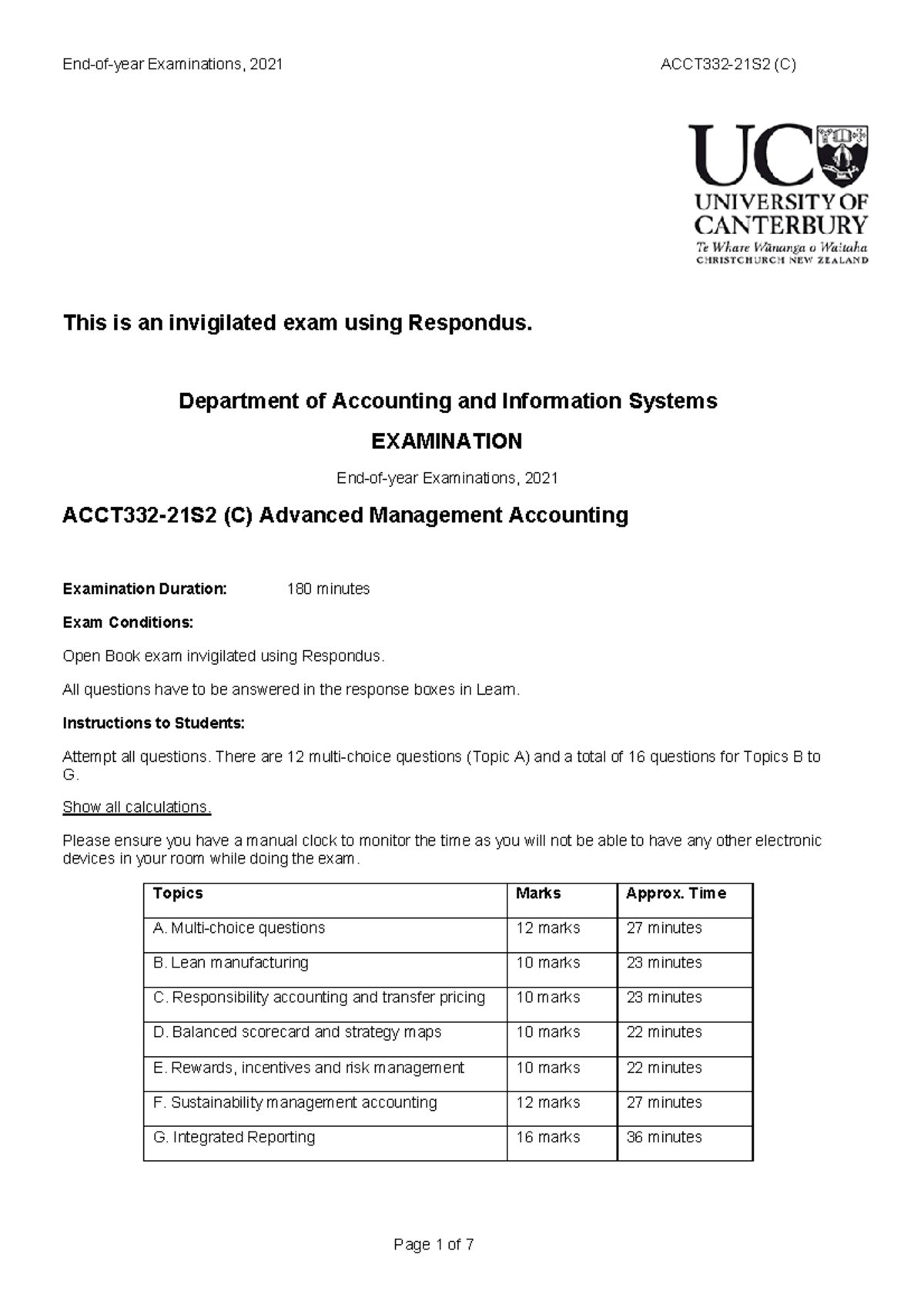 ACCT332-21S2 Exam - exam - This is an invigilated exam using Respondus ...