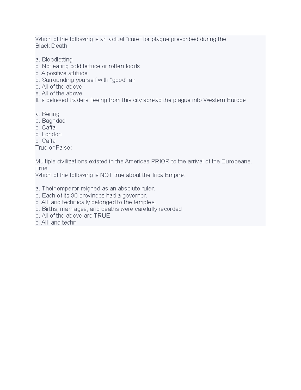 Hist 10 - Practice - Which of the following is an actual "cure" for ...