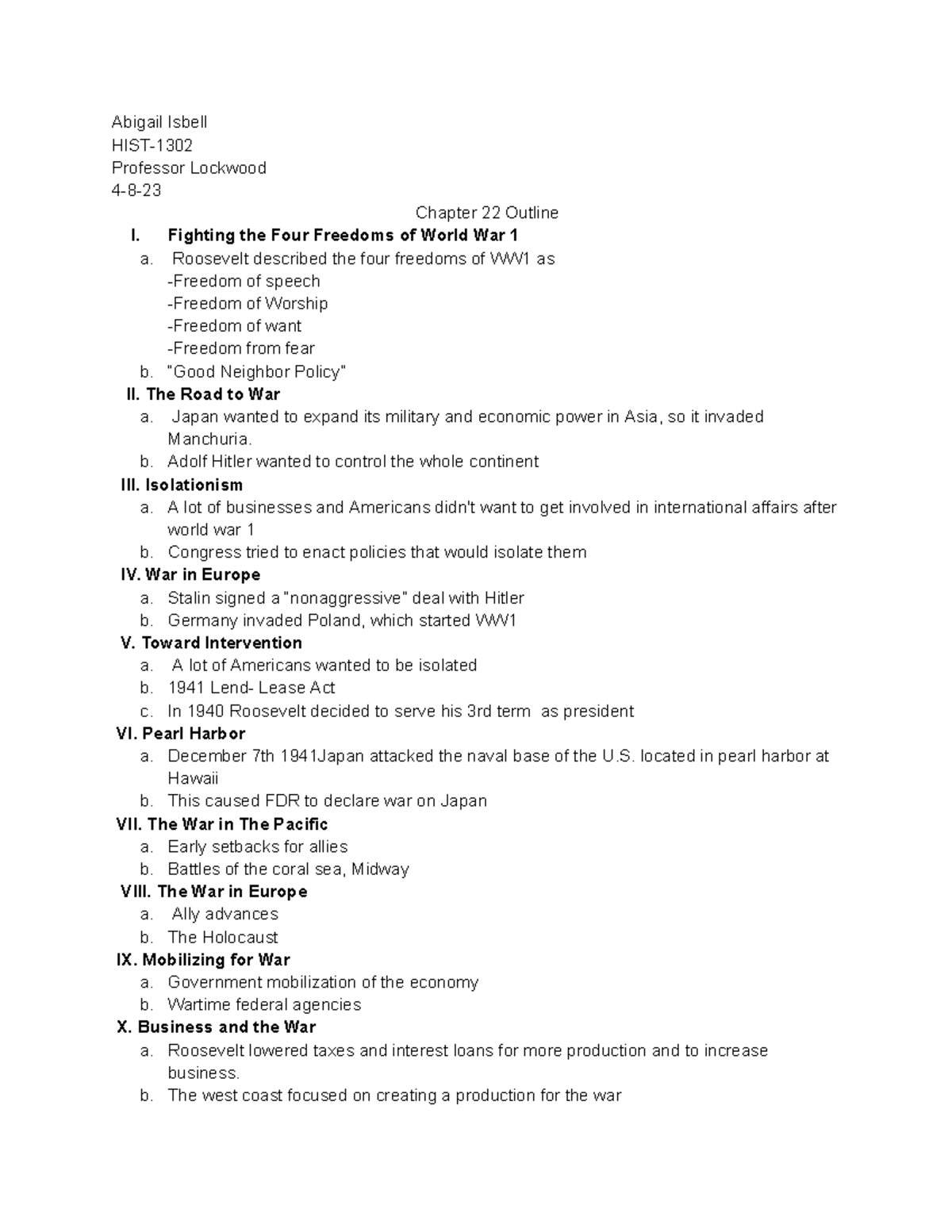 Chaper 22 Outline Give Me Liberty - Abigail Isbell HIST- Professor ...