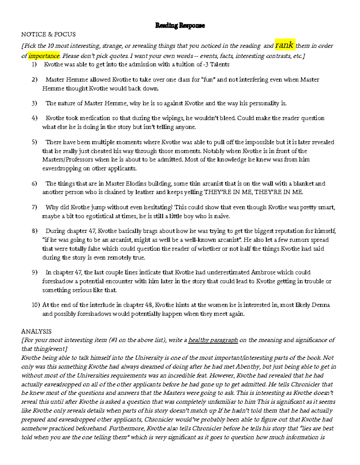 Reading Response Directions - Reading Response NOTICE & FOCUS [Pick the ...